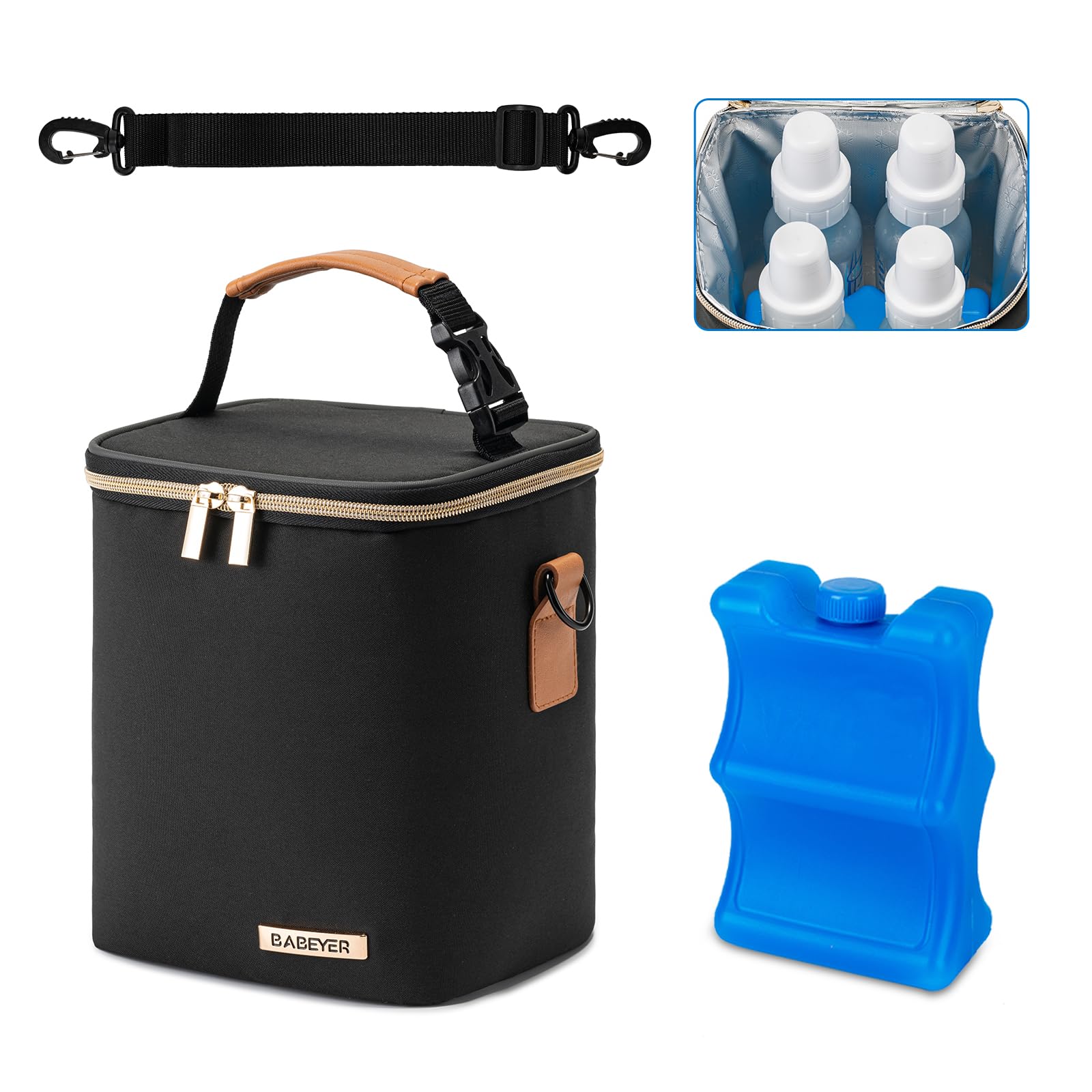 BABEYER Breast Milk Cooler Bag with Ice Pack Fits 4 Baby Bottles Up to 9 Ounce, Baby Bottle Bag with Shoulder Strap for Nursing Mom Daycare, Black