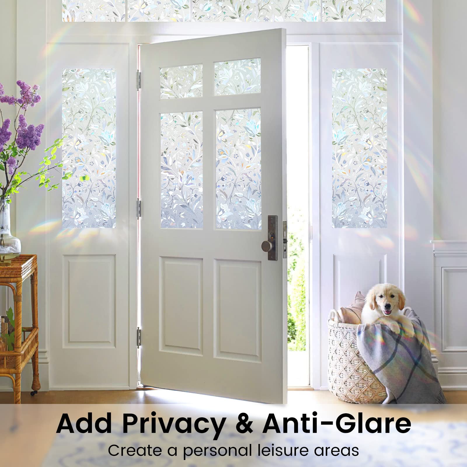 DOWELL Window Privacy Film, 3D Stained Glass Rainbow Window Decals, Decorative Window Vinyl Sun Blocker Door Covering, Static Cling Non-Adhesive Window Sticker for Home, Blooming Flowers, 17.5"x78.7"