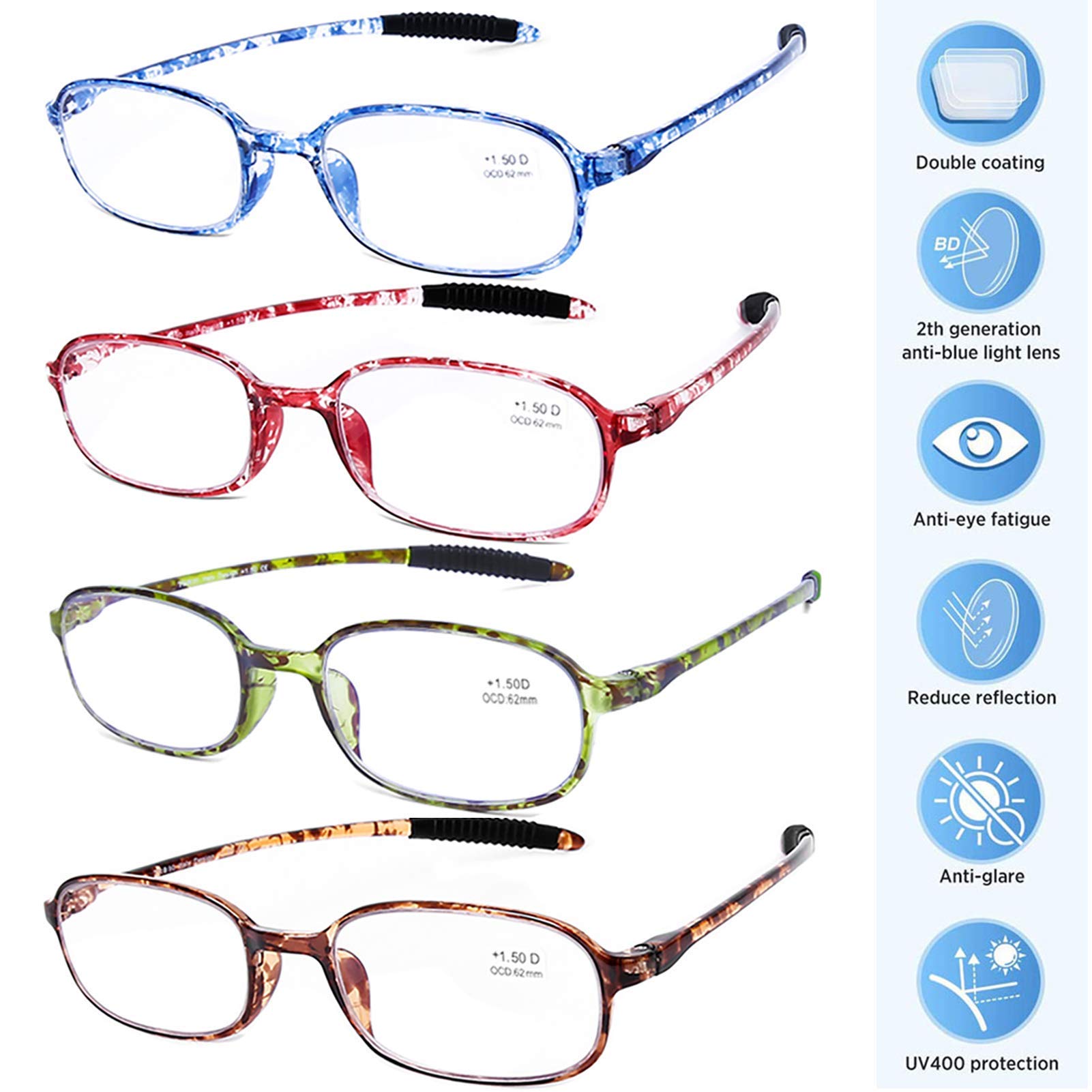 AQWANO 4 Pack Computer Reading Glasses Blue Light Blocking Lightweight TR90 Flexible Frame UV Protection Readers for Women Men +2.0