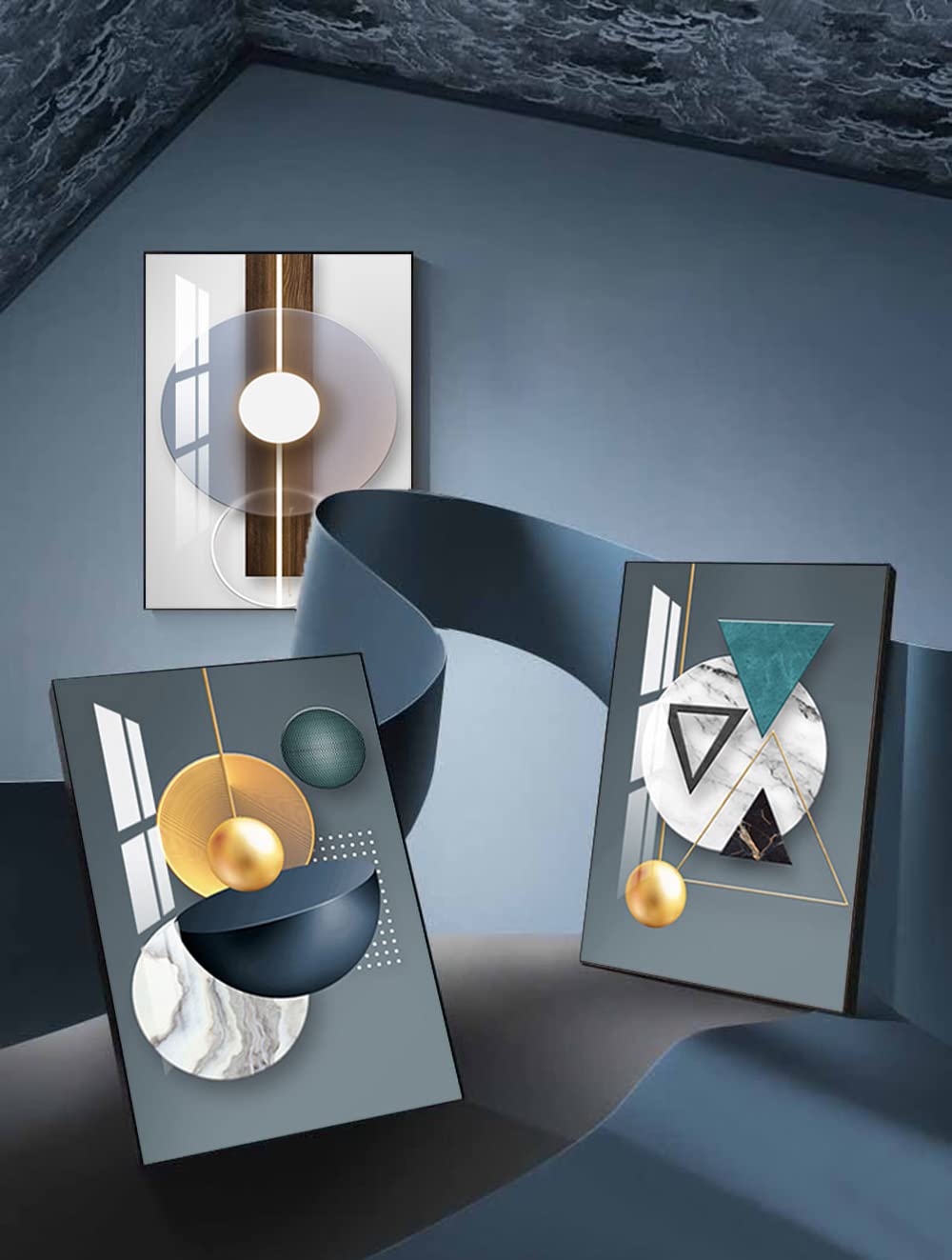 ARTKN 3 Pieces Framed Abstract Geometric Wall Art, Art Shapes Patterns Paintings, Modern Wall Decor Artwork, Large Wall Art for Living Room Bedroom Office(Blue, 16" X 24" X 3 pieces)