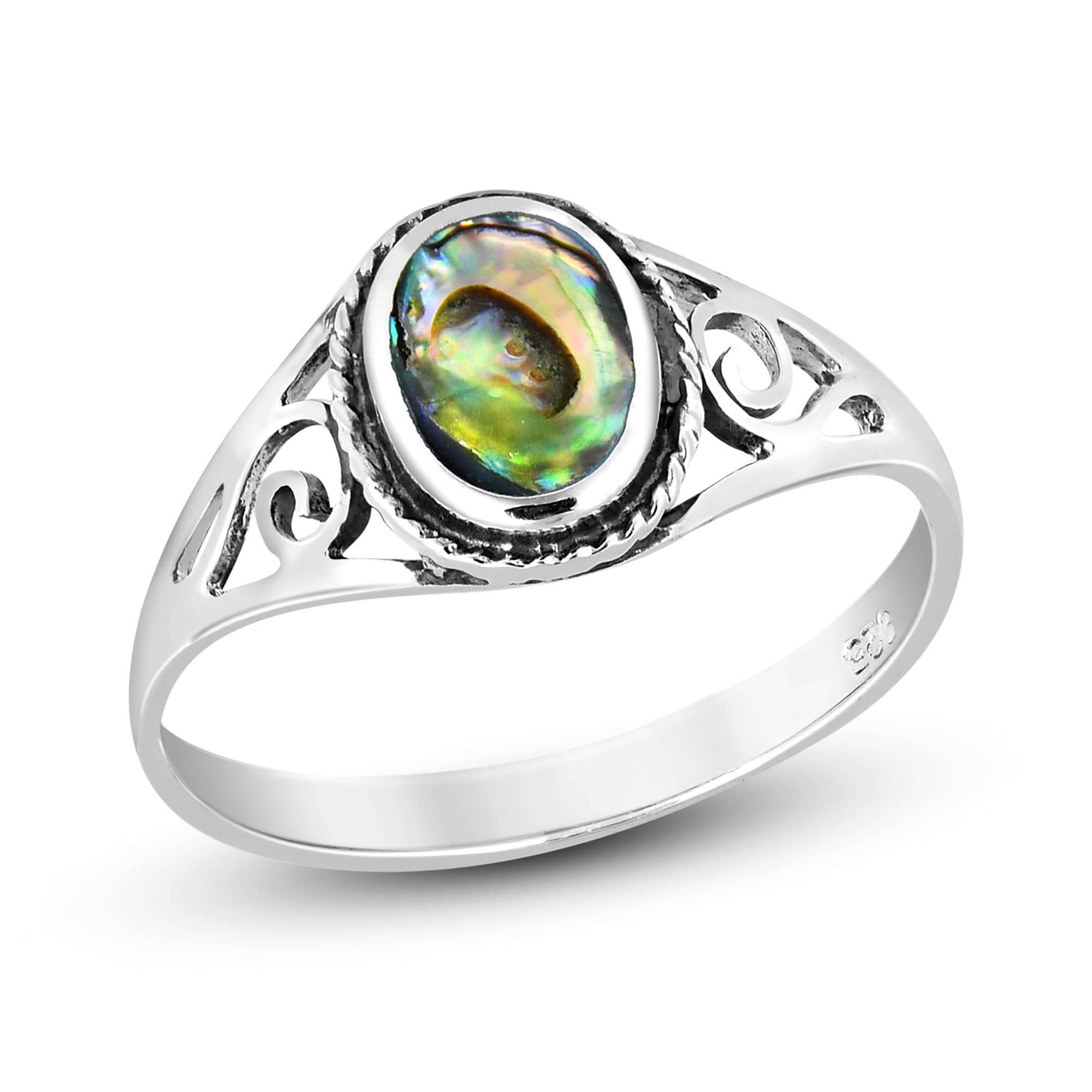 AeraVida Swirling Ocean Colors Abalone Shell Vintage Oval .925 Sterling Silver Ring | Ring Made of Shell for Women | Size (8)