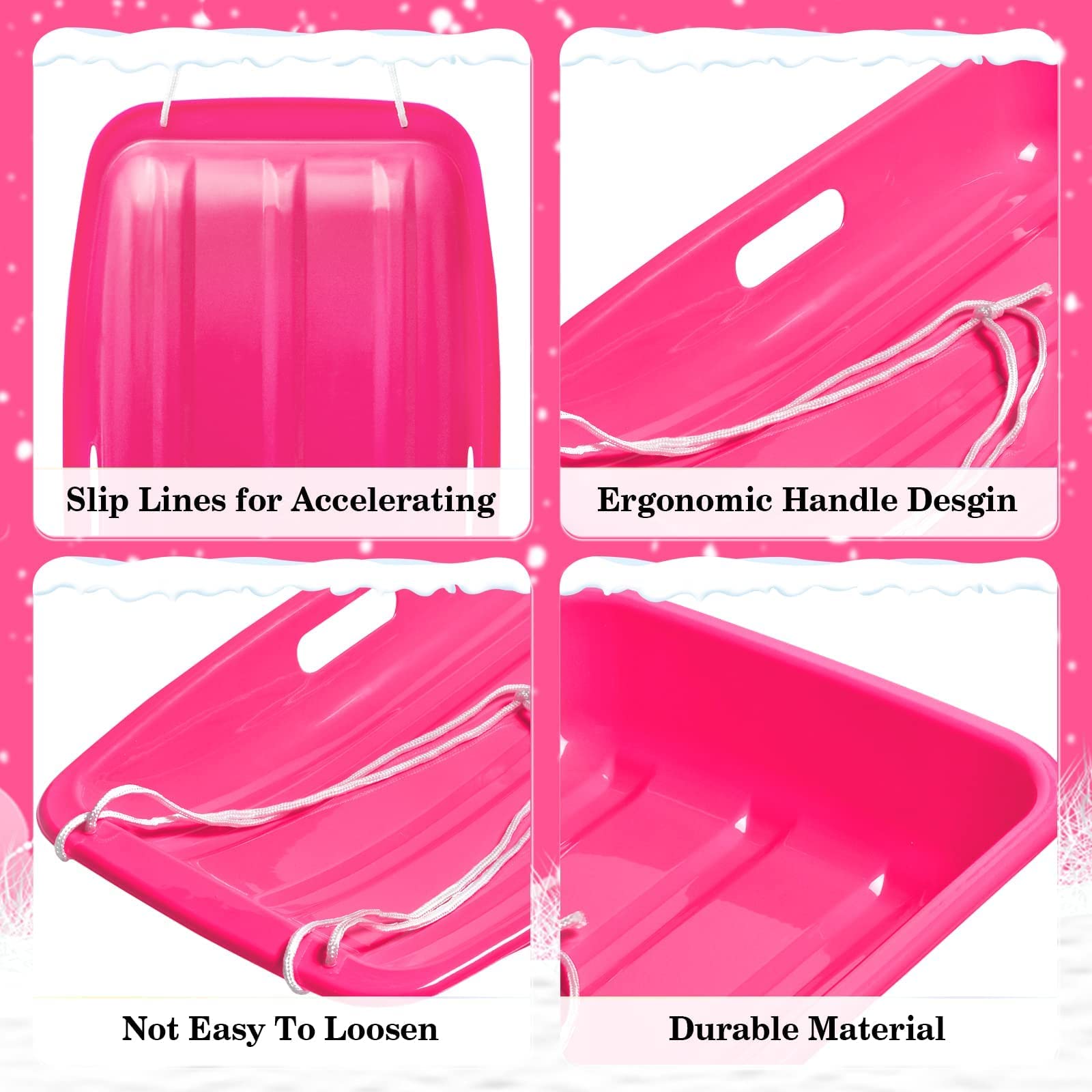 AGPTEK 25.6 Inch Durable Downhill Sprinter Toboggan Snow Sled for Boys Girls with Built-in Handles and Pulling Rope (Pink)