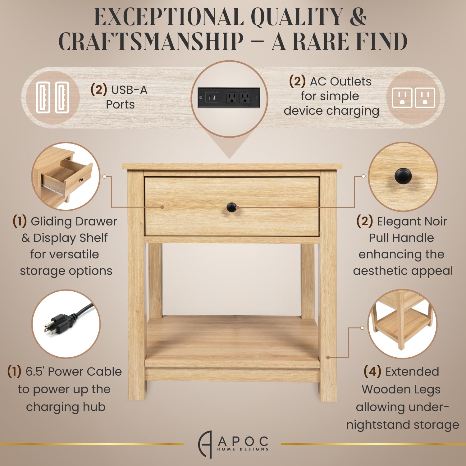 APOC HOME Side Table with Charging Station - Smart Nightstand with Drawer, Shelf, USB Ports & Outlets - 22" Tall (White Oak)