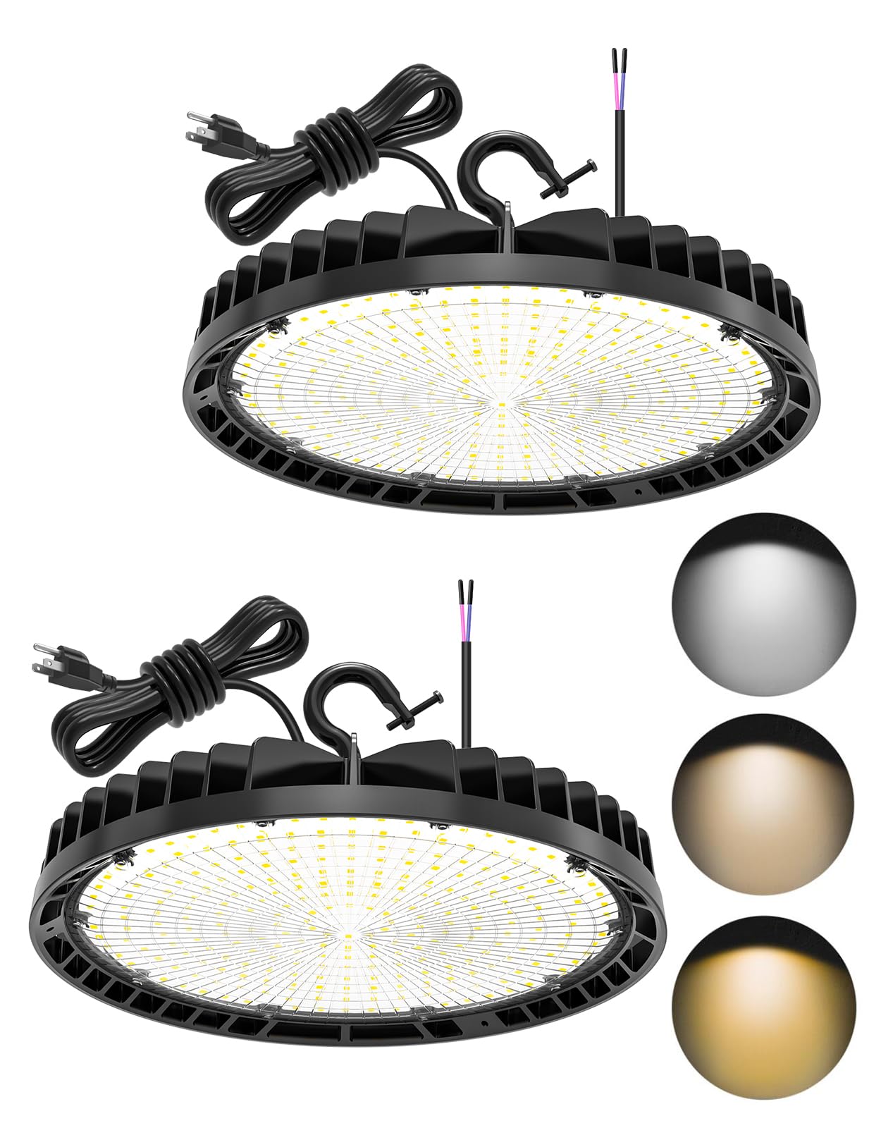 KUKUPPO 2 Pack 240W LED High Bay Light UL&DLC Listed, 36,000lm 240W/190W/140W, 3000K/4000K/5000K Adjustable LED UFO High Bay Shop Light Warehouse Light, 0-10V Dimmable, AC100-277V with Plug, Black