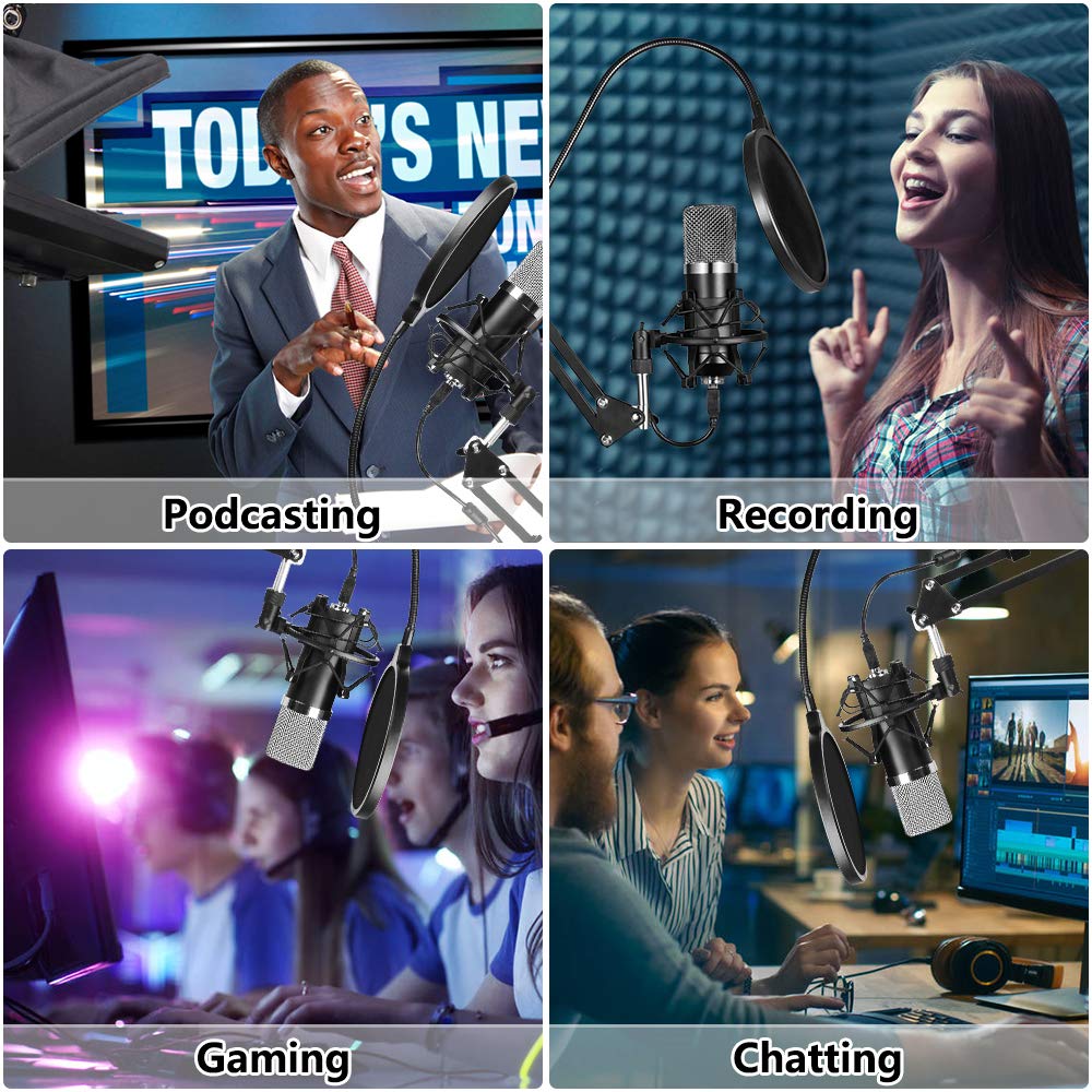 Ankuka Studio Condenser USB Microphone for Computer, Plug & Play Podcast Mic Kit with Adjustable Arm Stand Shock Mount for for Recording, Gaming, Singing, YouTube