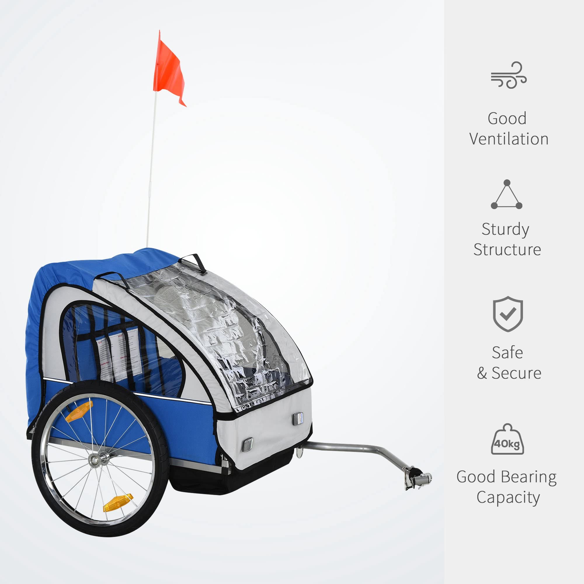 Aosom 2-Seat Child Bike Trailer for Kids with a Strong Steel Frame, 5-Point Safety Harnesses, & Comfortable Seat, Blue