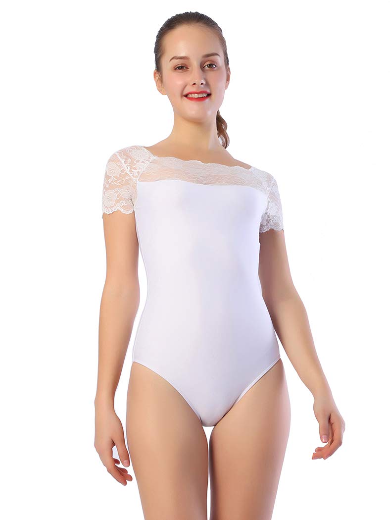 Aoylisey Women's Lace Short Sleeve Ballet Dance Leotard One Piece Bodysuit 0315 (black, XXXL-Large)