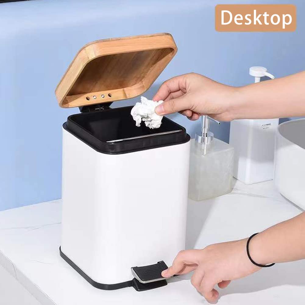 Aupekro Mini Bathroom Trash Can with Bamboo Lid Soft Close, 0.8 Gal / 3 L Square Step Garbage Container Bin with Removable Inner Wastebasket for Bedroom, Kitchen, Office (White)