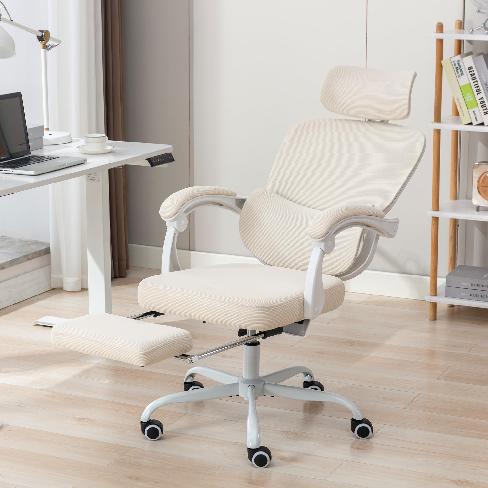 BOWTHY Ergonomic Office Chair with Footrest,Mesh Home Office Desk Chair with Adjustable Lumbar Support & Headrest,90-135 Comfy Reclining Chair,High Back Computer Executive Chair,360 Swivel Task Chair