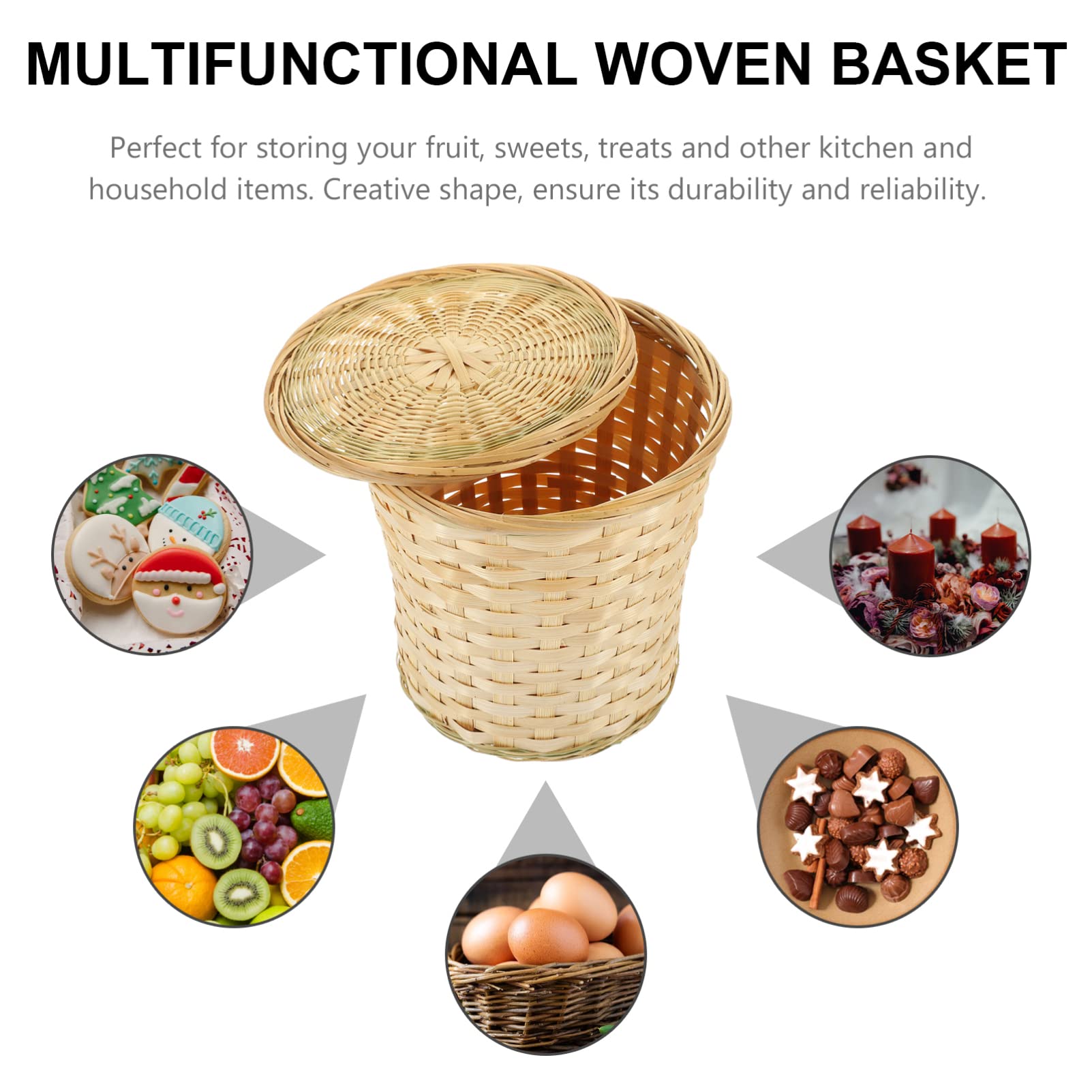 Hemoton 2pcs Small Woven Basket with Lid Rattan Trash Can Wastebasket Wicker Round Trash Bin Woven Storage Basket Decorative Egg Basket Laundry Hamper Flower Pots Planter Holder