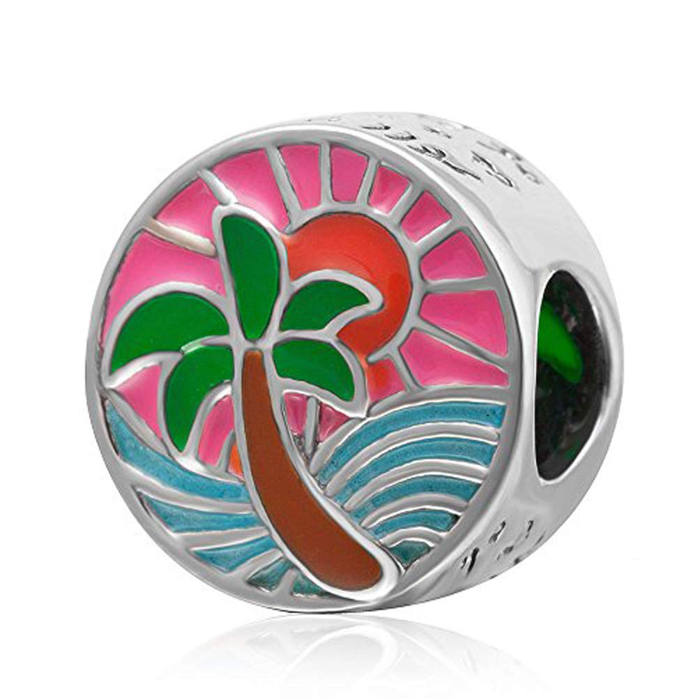 ARTCHARM Tropical Sunset Charm 925 Sterling Silver Palm Tree Ocean Sun Beads Sea Waves Charms