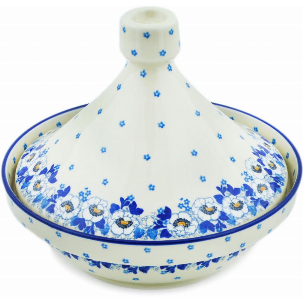 Authentic Polish Pottery Tagine Pot in Blue Spring Design Handmade in BolesĹawiec Poland by Ceramika Artystyczna + Certificate of Authenticity