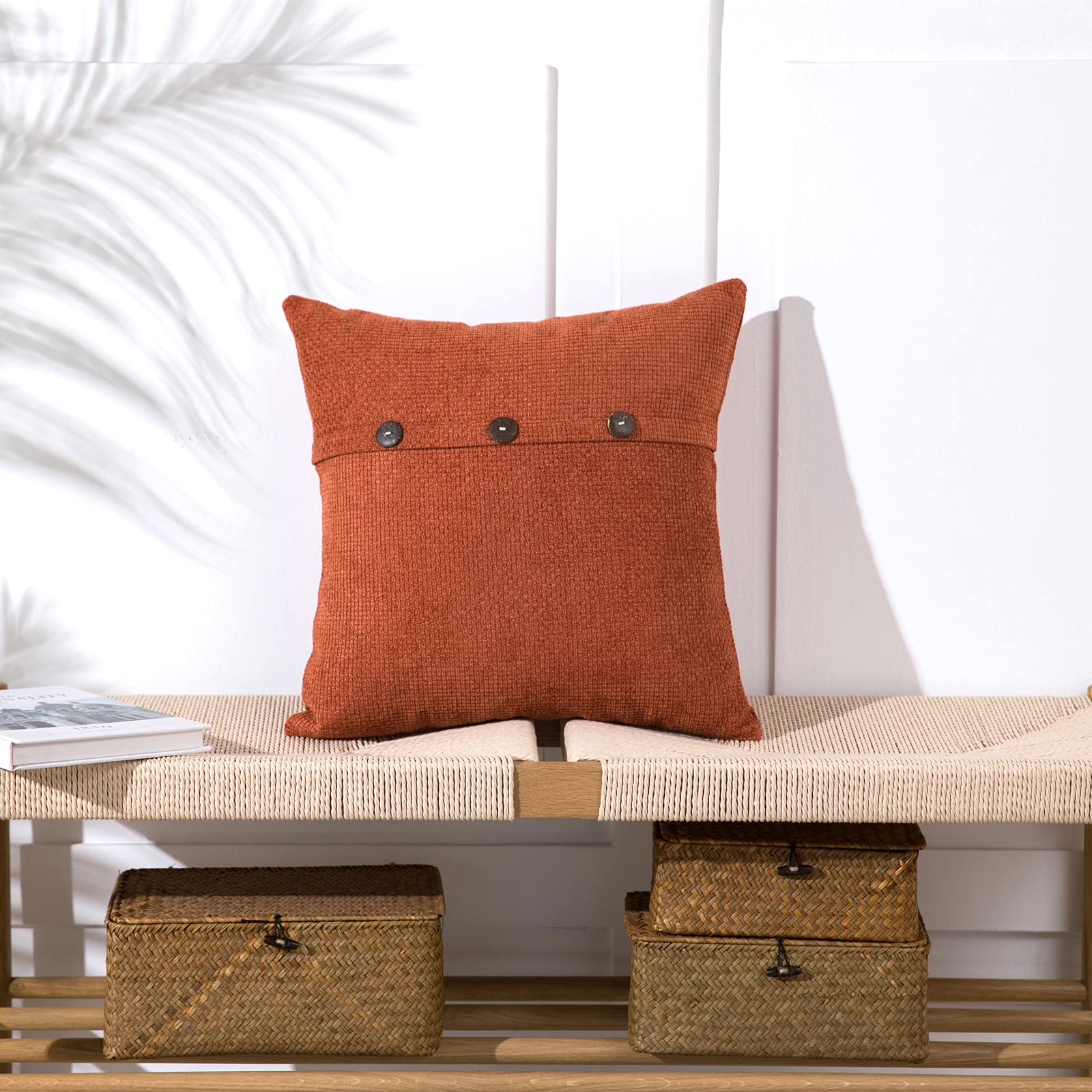 Anickal Burnt Orange Pillow Covers 18x18 Inch with Triple Buttons Set of 2 Chenille Rustic Farmhouse Decorative Throw Pillow Covers Square Cushion Case for Home Sofa Couch Decoration