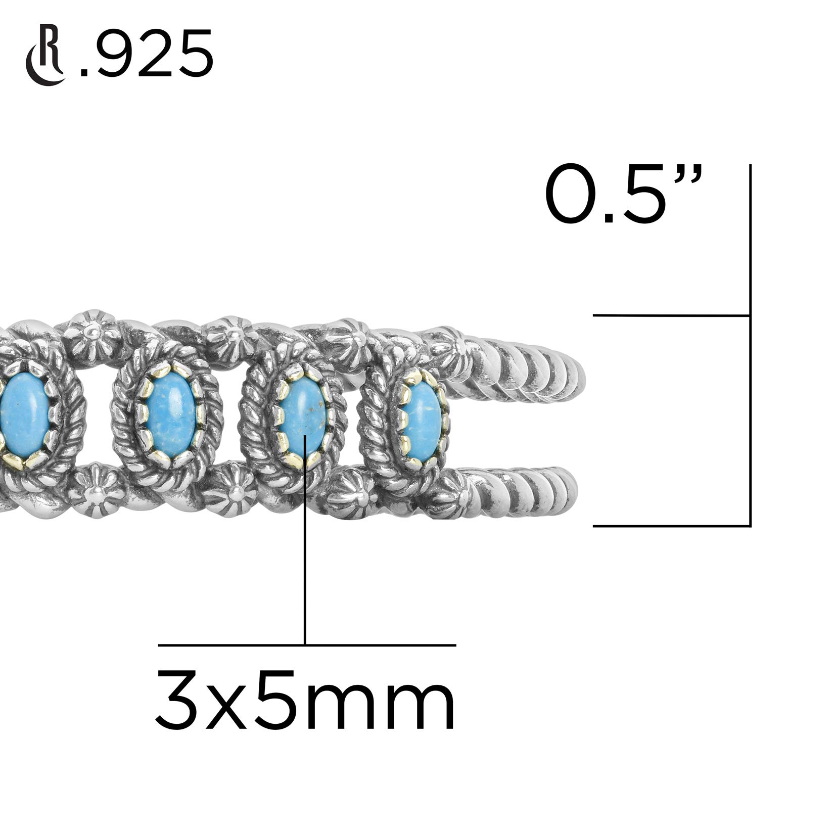 American West Sterling Silver Blue Turquoise Gemstone 7-Stone Double Rope Floral Cuff Bracelet Size M