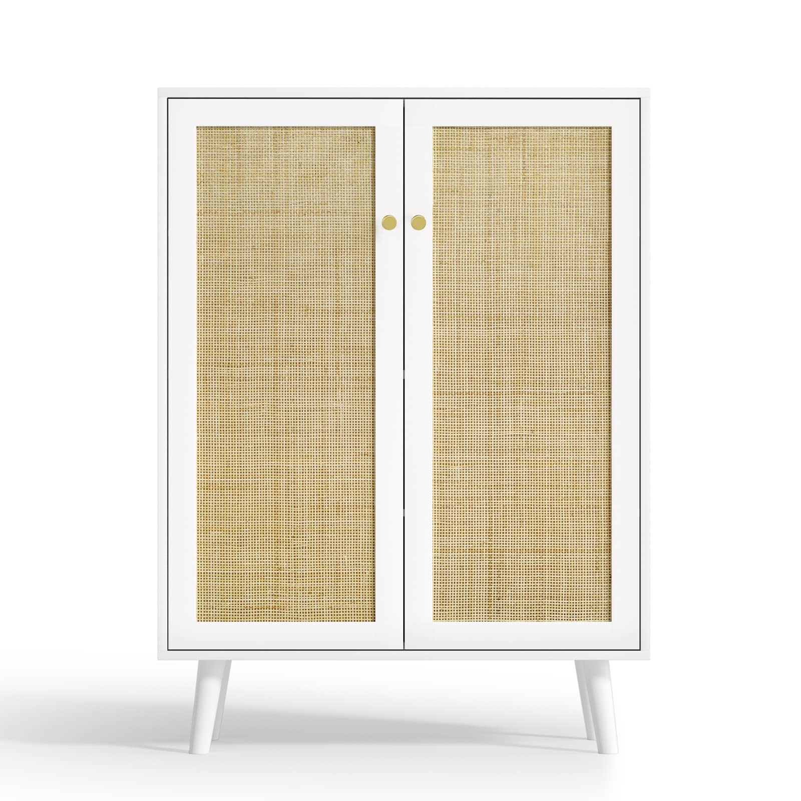Anmytek Rattan Cabinet, 44" H Tall Sideboard Storage Cabinet with Crafted Rattan Front, Entryway Shoe Cabinet Wood 2 Door Accent Cabinet with Adjustable Shelves White, H0086