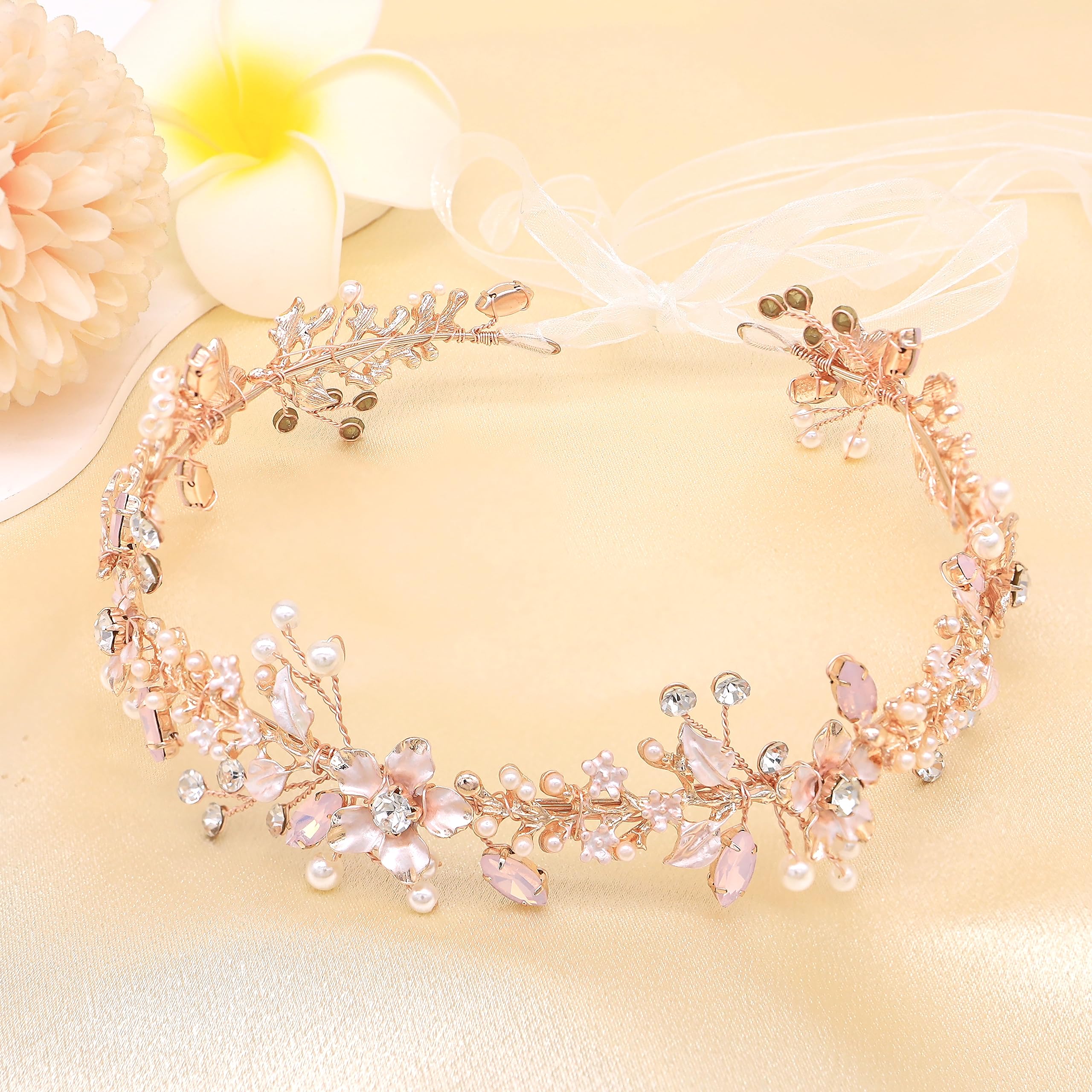 Ammei Headpiece Rose Gold Wedding Headband Flower Leaves Design Hair Vine With Pearls And Rhinestones
