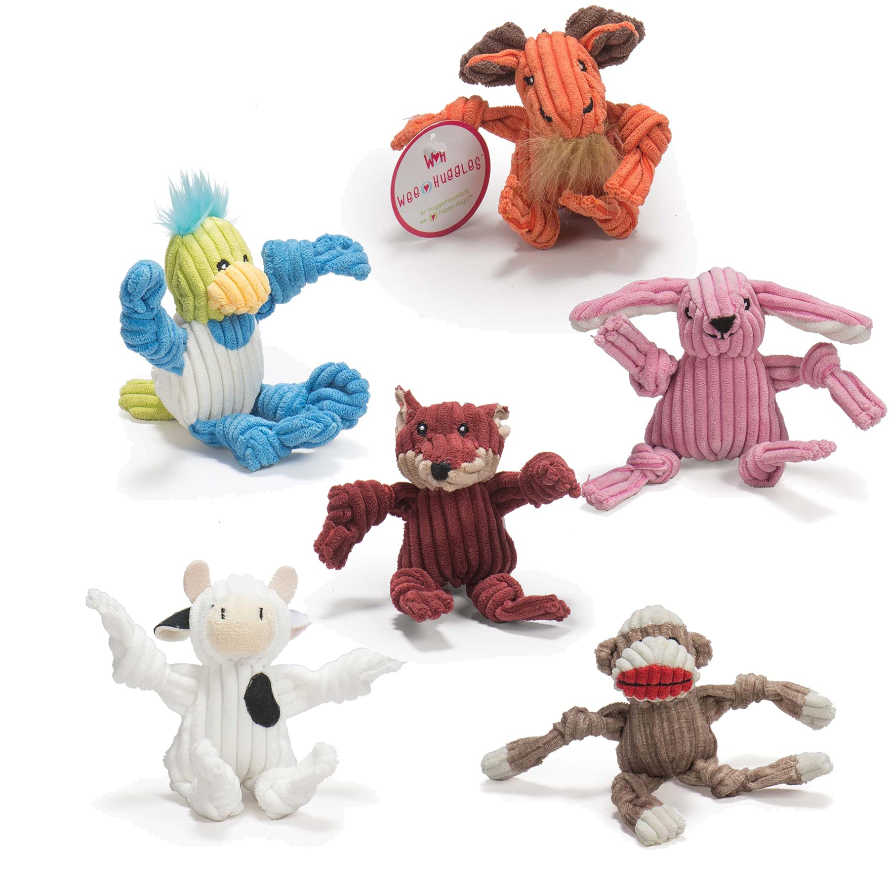 HuggleHounds Knottie Plush Dog Toy - Dog Stuffed Animal Toy, Puppy Toys, Squeaky Dog Toy for Small & Medium Dogs, Durable Plush to Keep Them Busy - Wee Knotties Variety Pack (6 Count)