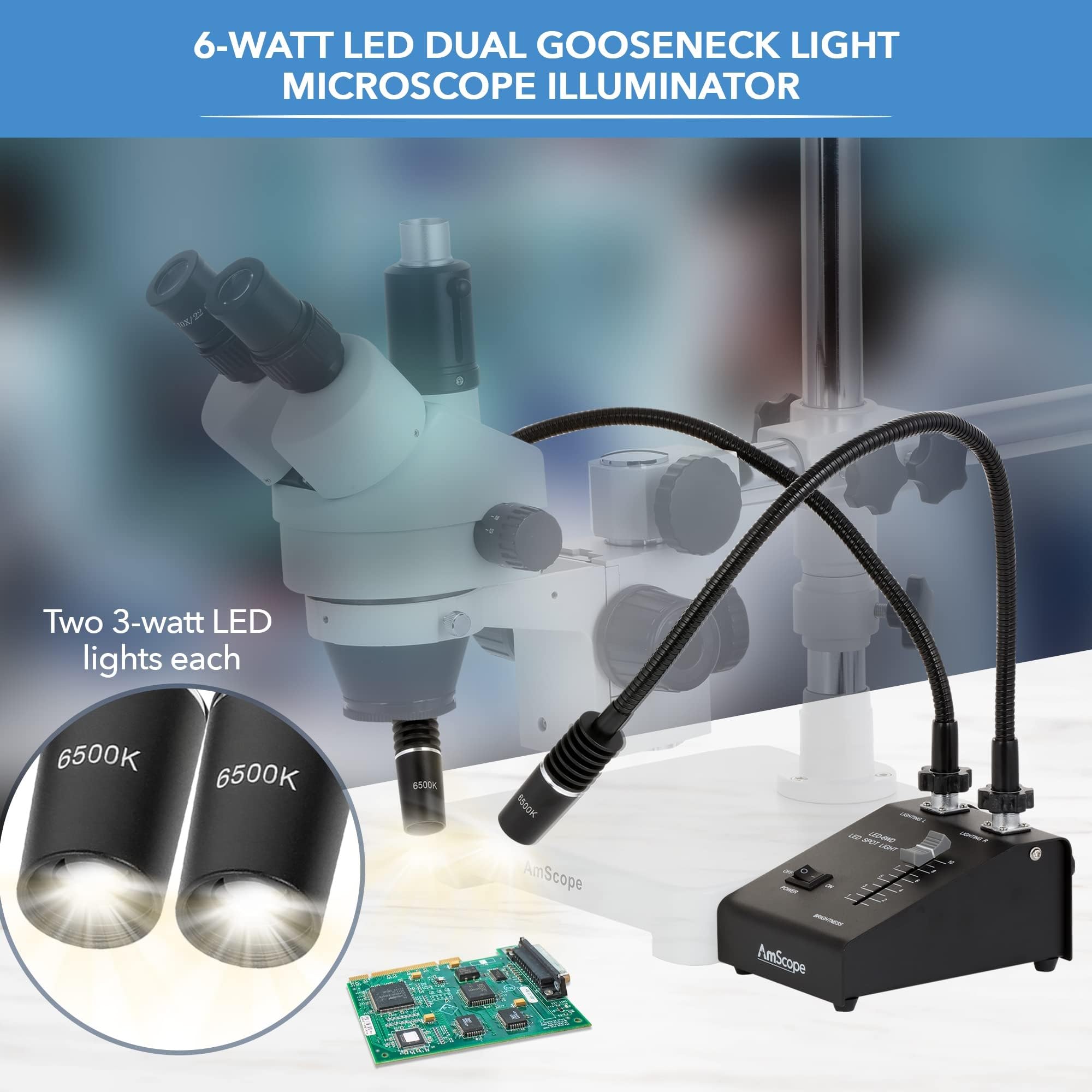 AmScope LED-6W Powerful 6 Watt LED Dual Gooseneck Lights Illuminator, Black, 1 Count (Pack of 1)