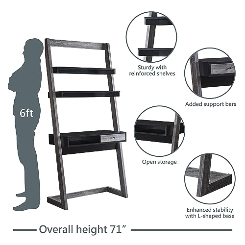 HOMES: Inside + Out Rexroad Wood Ladder Writing Desk with 1 Drawer and 3 Shelves-Versatile Kids Table, Wall-Mountable Leaning Design, Black and Distressed Gray