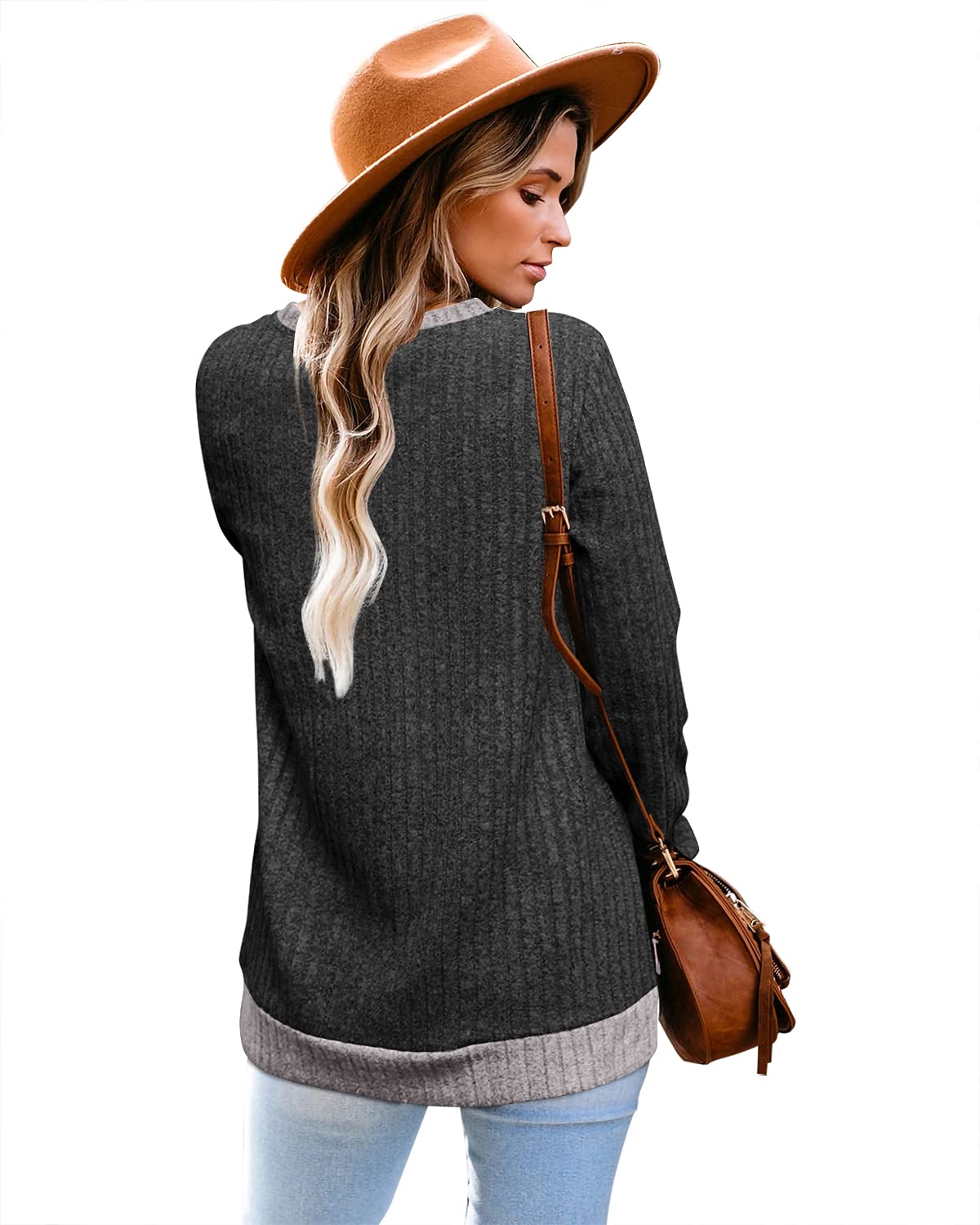 Aokosor Fall Sweaters for Women 2023 Grey V Neck Tunic Tops with Leggings Long Sleeve Shirts XL