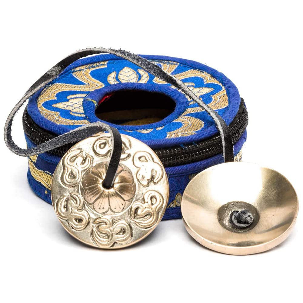 Lamatar1 Buddhist Tingsha Symbols- 2 Inch Mini Size With Blue Cotton Zip-Up Case Bag -Hand Made From Nepal- For Sound Therapy, Cleansing, Reiki & Meditations