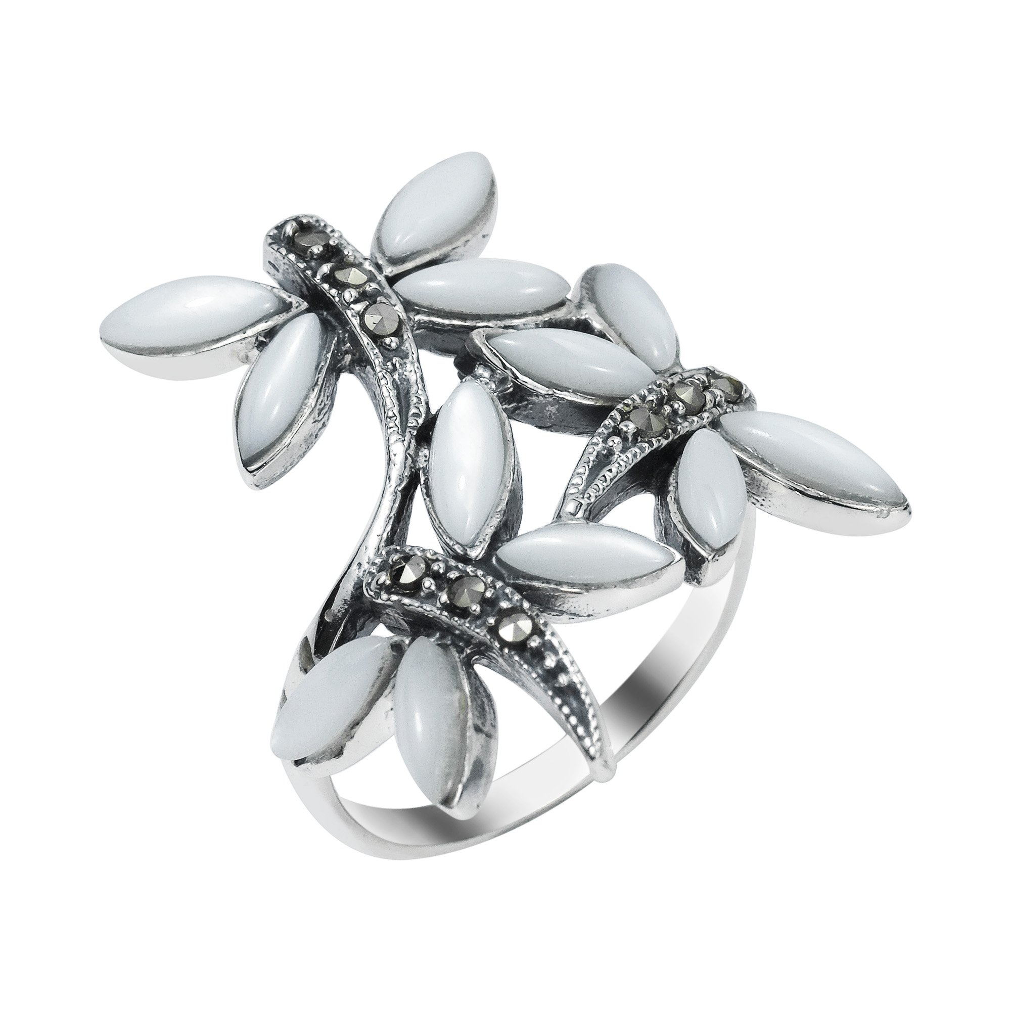AeraVida White Mother of Pearl With Marcasite Style Pyrite 3-Dragonfly .925 Silver Ring (8)