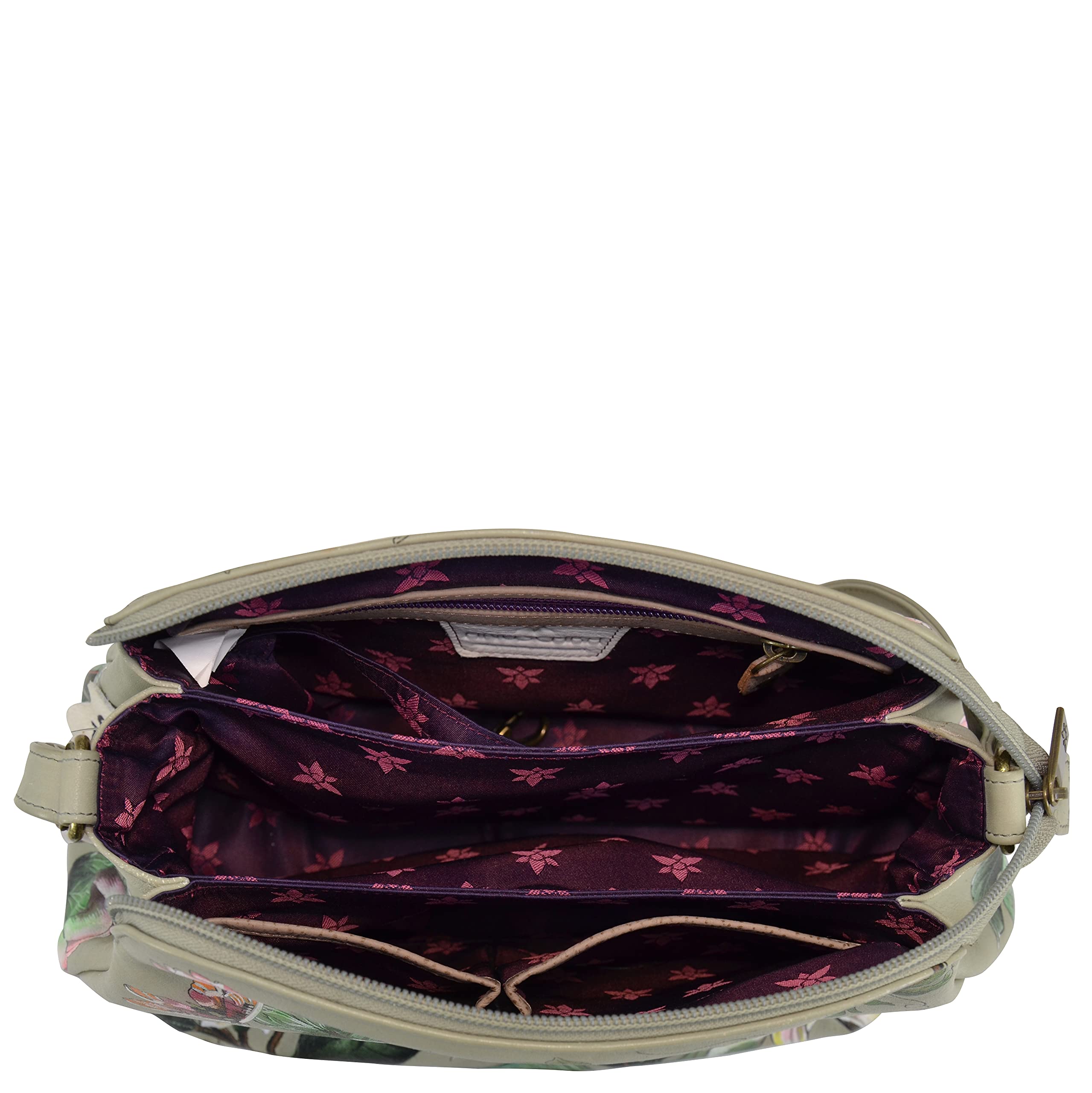 Anuschka Women’s Genuine Leather Multi Compartment Medium Bag - Hand Painted Exterior - Jungle Queen Ivory