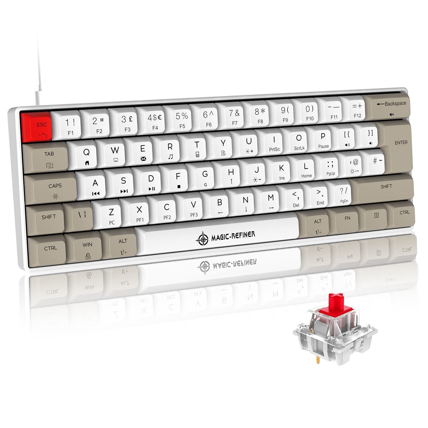 Mini Mechanical Gaming Keyboard Type-c Wired with PBT Dye-subbed Keycaps Rainbow RGB Backlit 60%Layout Full Anti-Ghosting 62 Key Ergonomic for Typist Laptop PC Mac Gamer (White Main/Red Switch)