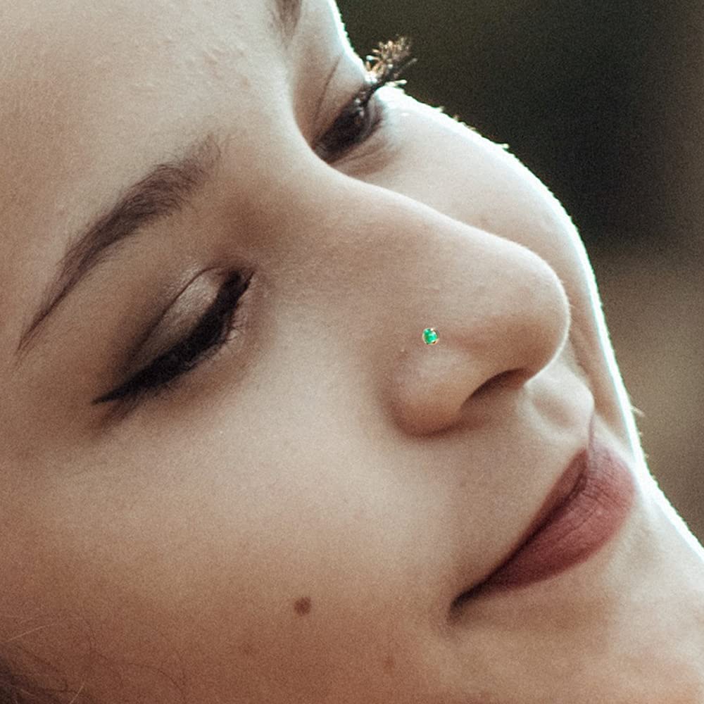 AtoZ Piercing - 9K Solid Yellow Gold Claw Set 2MM Emerald Green Crystal Stone 22 Gauge L Bend Nose Stud Piercing Jewelry