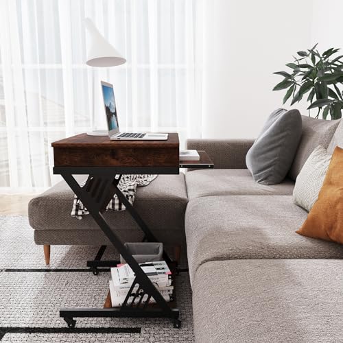 ALISENED Computer Desk for Small Spaces,23.6" Z-Shaped Compact Study Table with Smooth Keyboard Tray,with Wheels and Bottom Shelves for Home Office,Computer Cart Mobile Laptop Cart