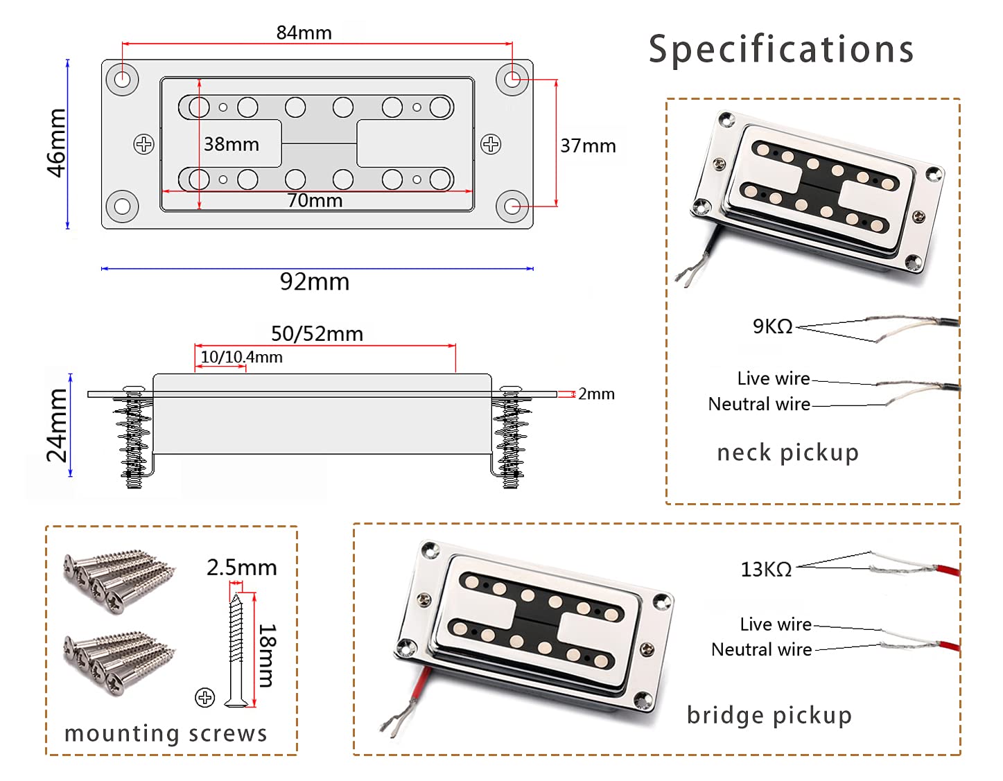 LAMSAM Humbucker Pickups Set, High Output Flush Polepiece Ceramic Magnet PUP Compatible Electric Guitar with Humbucker Pickup Configuration, Double Coil Bridge Neck Pick-up Replacements, Chrome