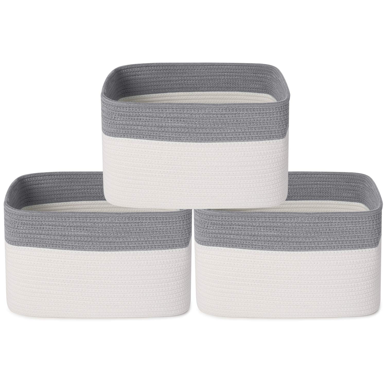 ANMINY 3PCS Woven Cotton Rope Storage Baskets with Handles Large Washable Basket Set Decorative Storage Bins Boxes Blanket Clothes Towel Laundry Organizer Containers - White/Gray