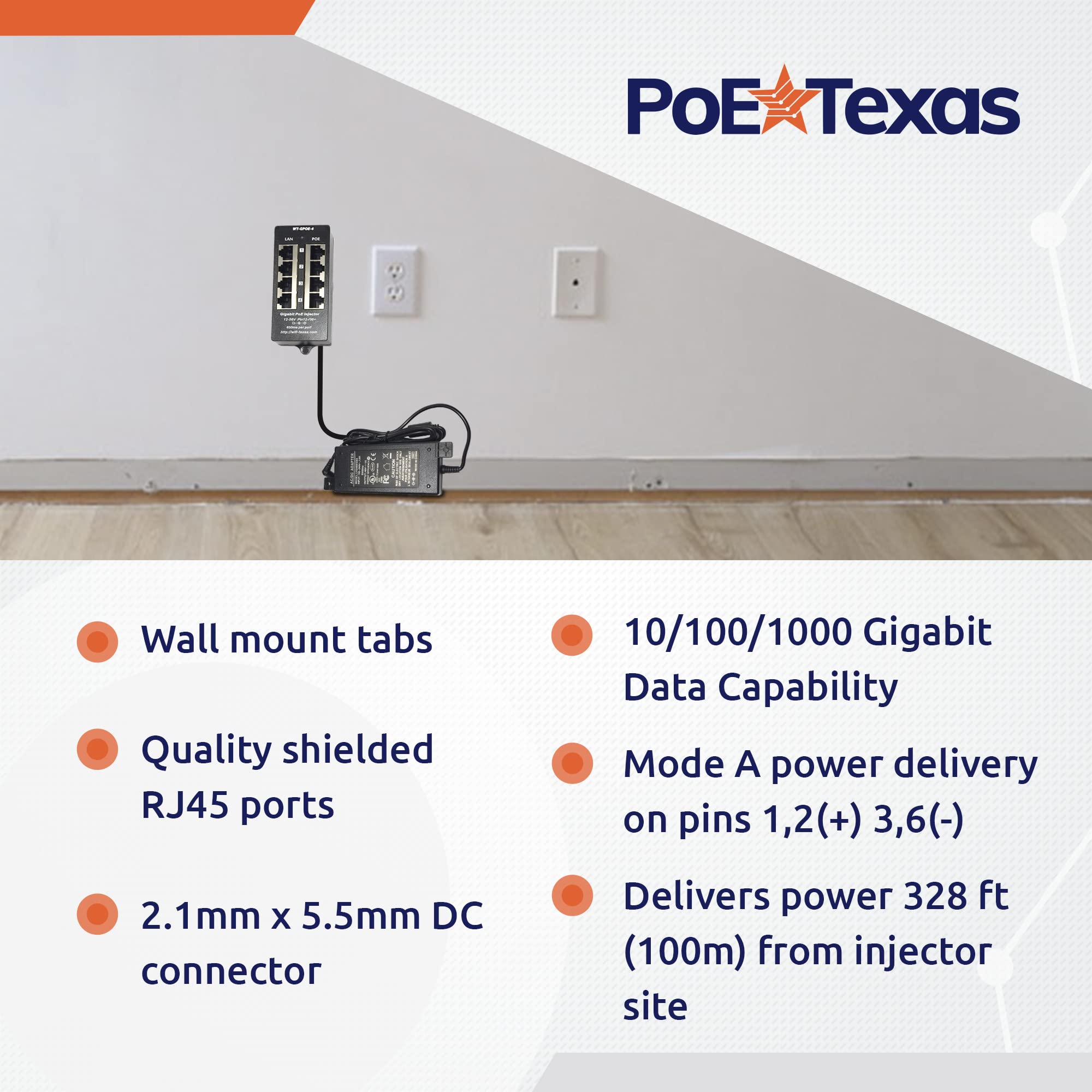 PoE Texas 4 Port PoE Injector - Gigabit Passive Power Over Ethernet with 48V 48W UL Power Supply - 802.3af PoE Injector for VoiP Phones, WiFi Access Points, IP Cameras - Add PoE to Any Switch