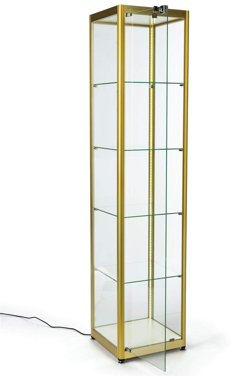 Displays2go Tempered Glass Curio Cabinet, Adjustable Shelves β Gold (DCKDMT16G)