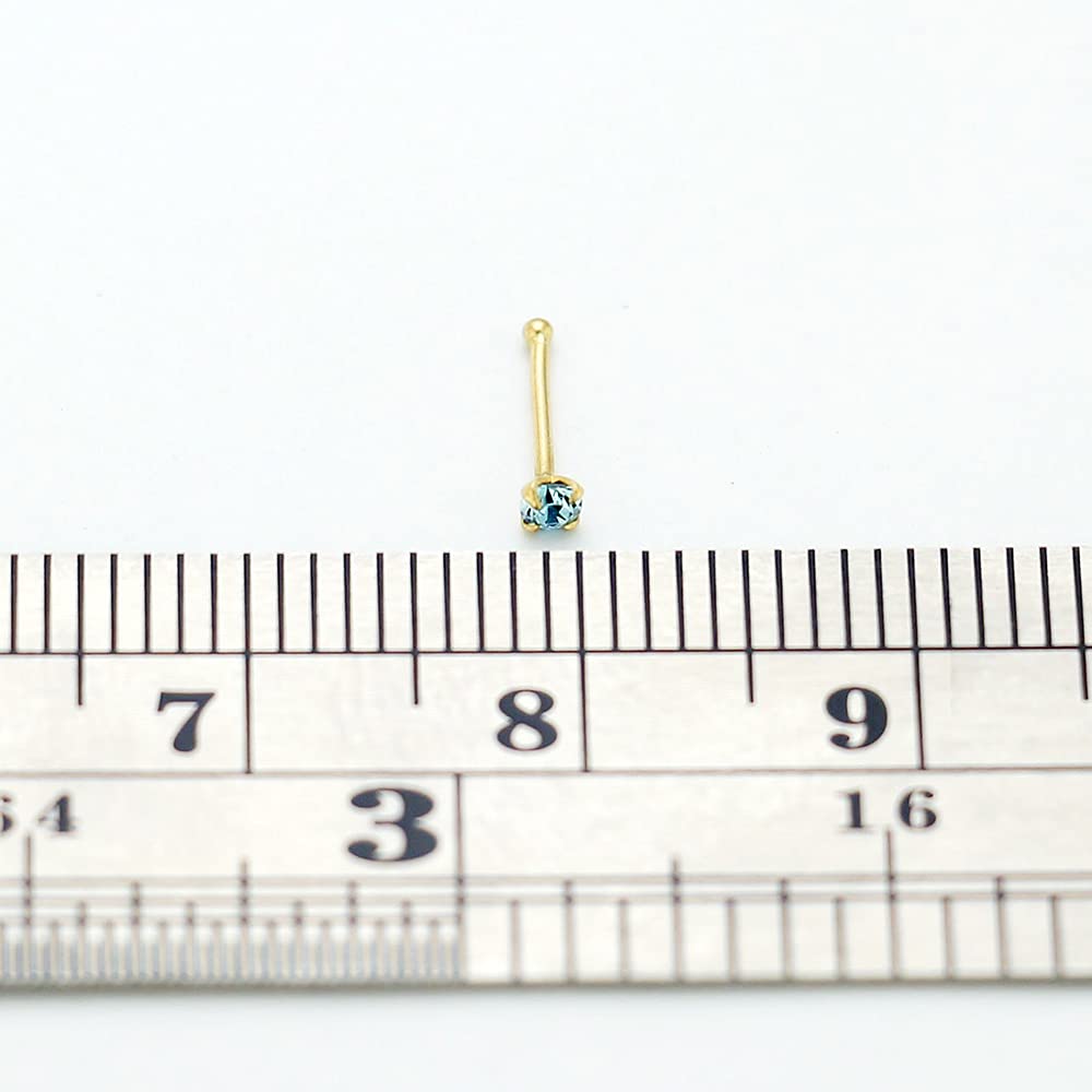 AtoZ Piercing 2MM Aquamarine Genuine Crystal Stone 14ct Solid Yellow Gold 22 Gauge - 6MM Length Nose Bone Nose Stud