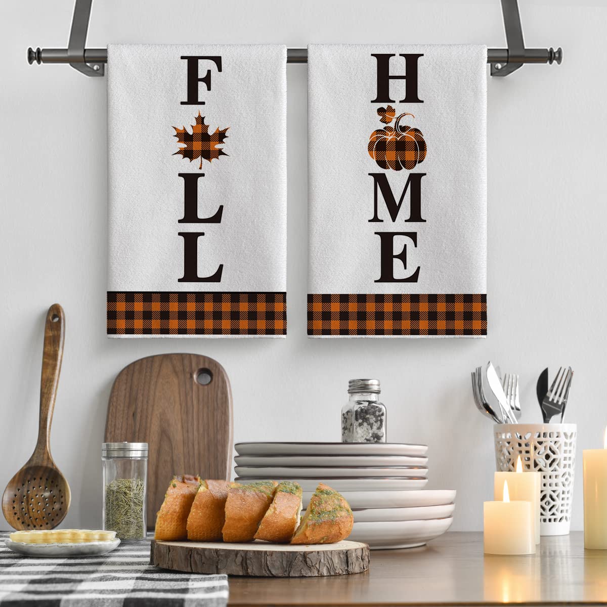 Artoid Mode Buffalo Plaid Edge Fall Leaves Pumpkin Home Kitchen Towels, 18 x 26 Inch Coffee Tea Bar Hand Towels Bathroom Gift Ultra Absorbent Set of 2