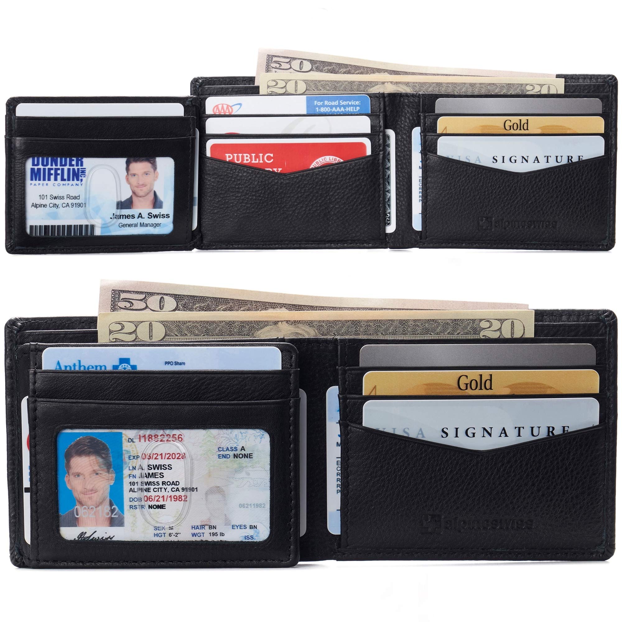 Alpine Swiss RFID Protected Mens Spencer Leather Wallet Bifold 2 ID Windows Divided Bill Section Comes in Gift Box Blue