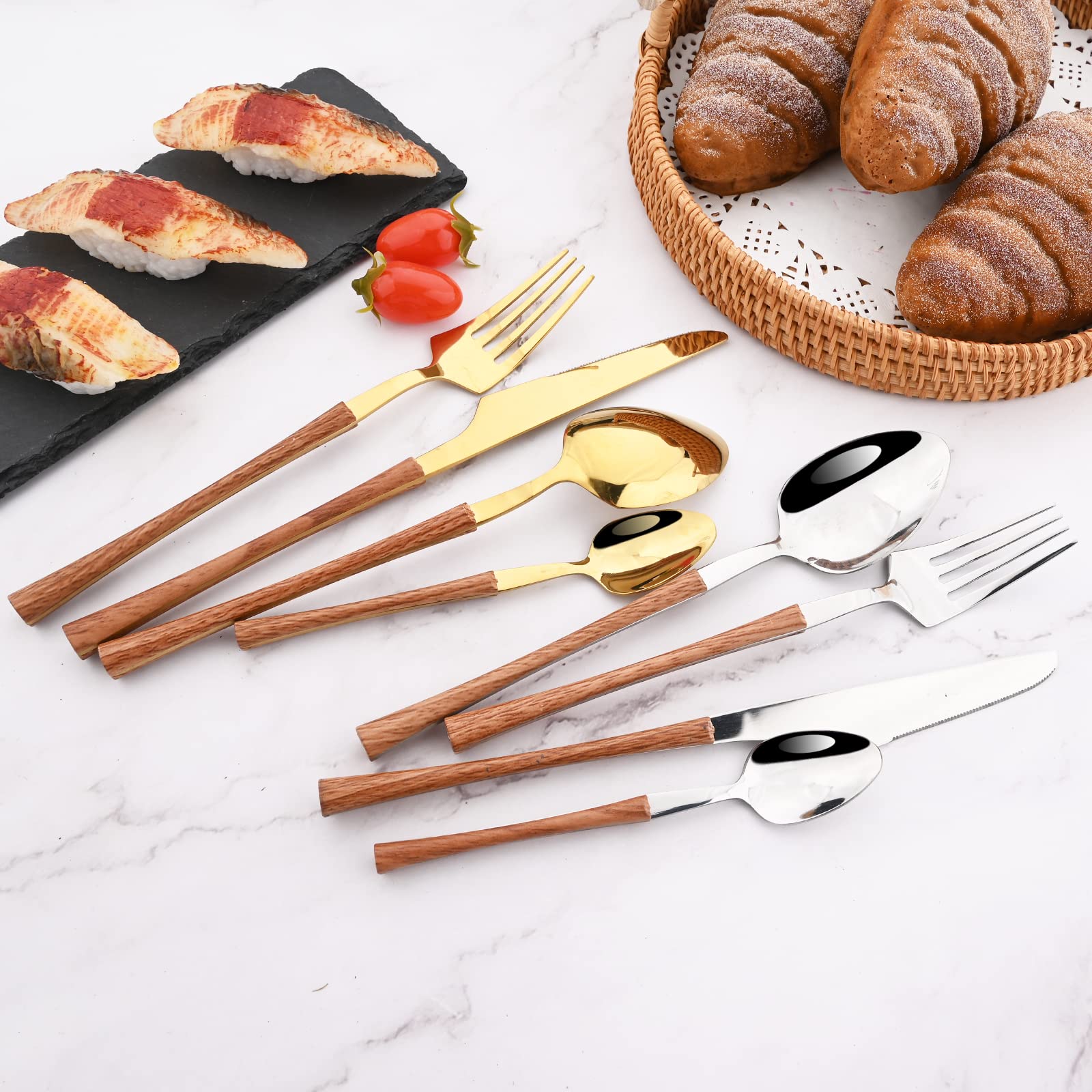 BRIIEC 24-Piece Wood Silverware Flatware Set Stainless Steel Cutlery Service for 6, Including Fork Spoon Knife Tableware, Mirror Polished,Wooden Handle with Gold Mouth