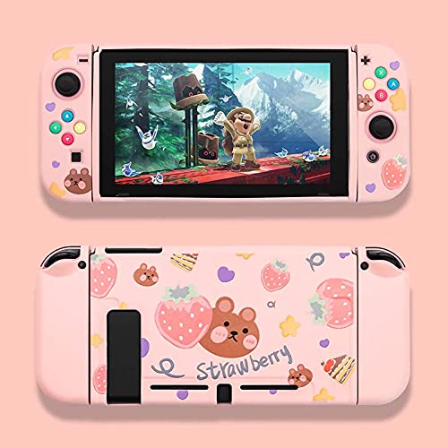 Aosai Case for Nintendo Switch, Protective Case Cover for Nintendo Switch and Joy Con Controller with 4 Thumb Grips and 2 Glass Screen Protector (Strawberry Bear Pink)