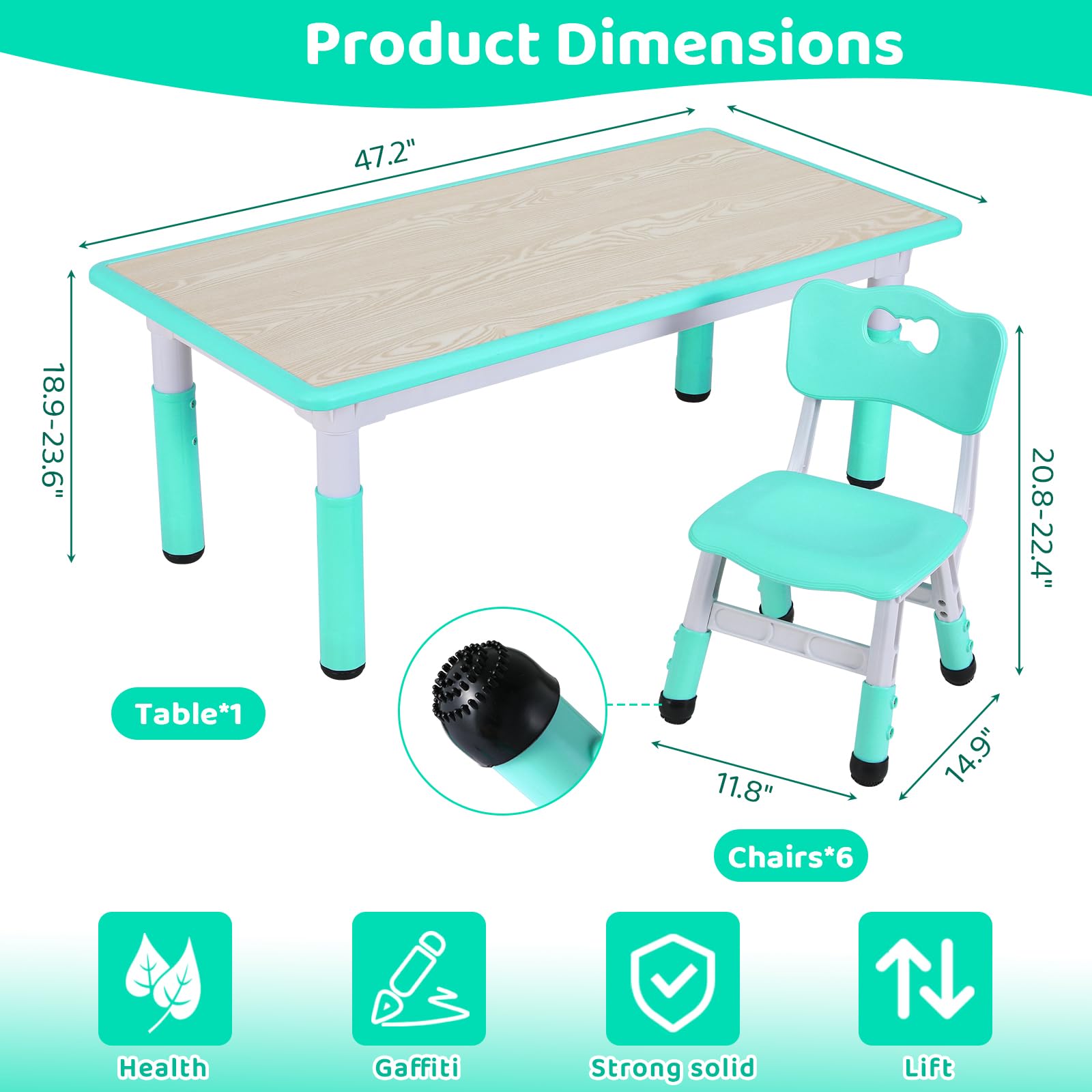 Arlopu Kids Table and 6 Chairs Set, Height Adjustable Graffiti Table, Preschool Activity Art Craft Table, for Daycare Classroom Home Boys and Girls Age 3-12 (Light Green)