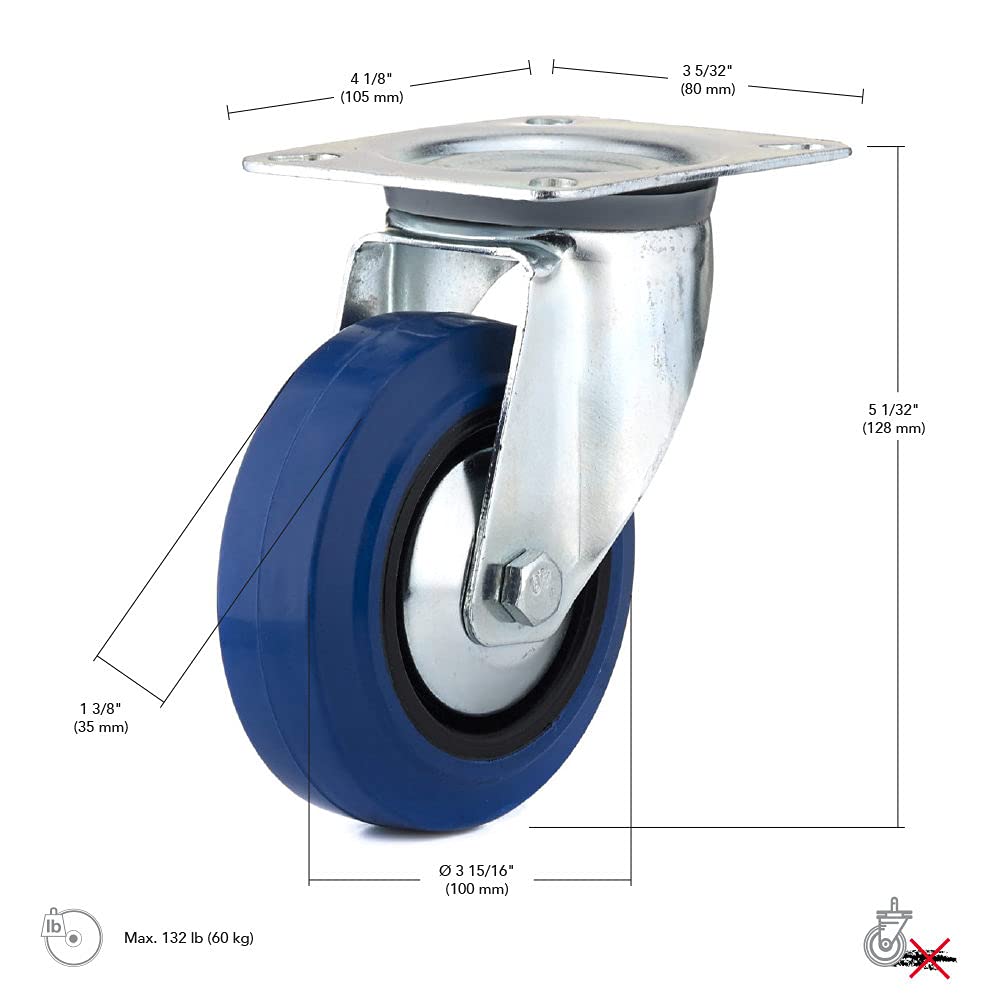Richelieu Hardware F08335 Industrial Blue Elastic Rubber Caster - Swivel - 3 15/16" Wheel Diameter, x 1 3/8" x 5 1/8"