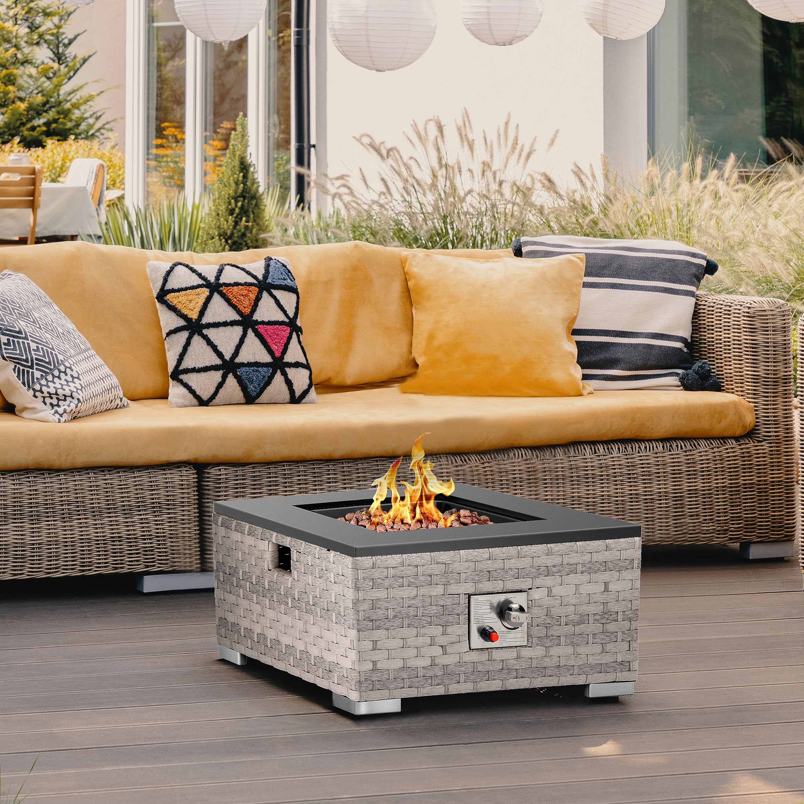 AUSROMASHO 24'' Outdoor Fire Table 50,000 BTU Fire Table with Brown Wicker Rattan Gas Firepit Table 2 in 1 Fireplace for Outdoor, Patio Backyard W/Lid and Lava Stone (Grey)