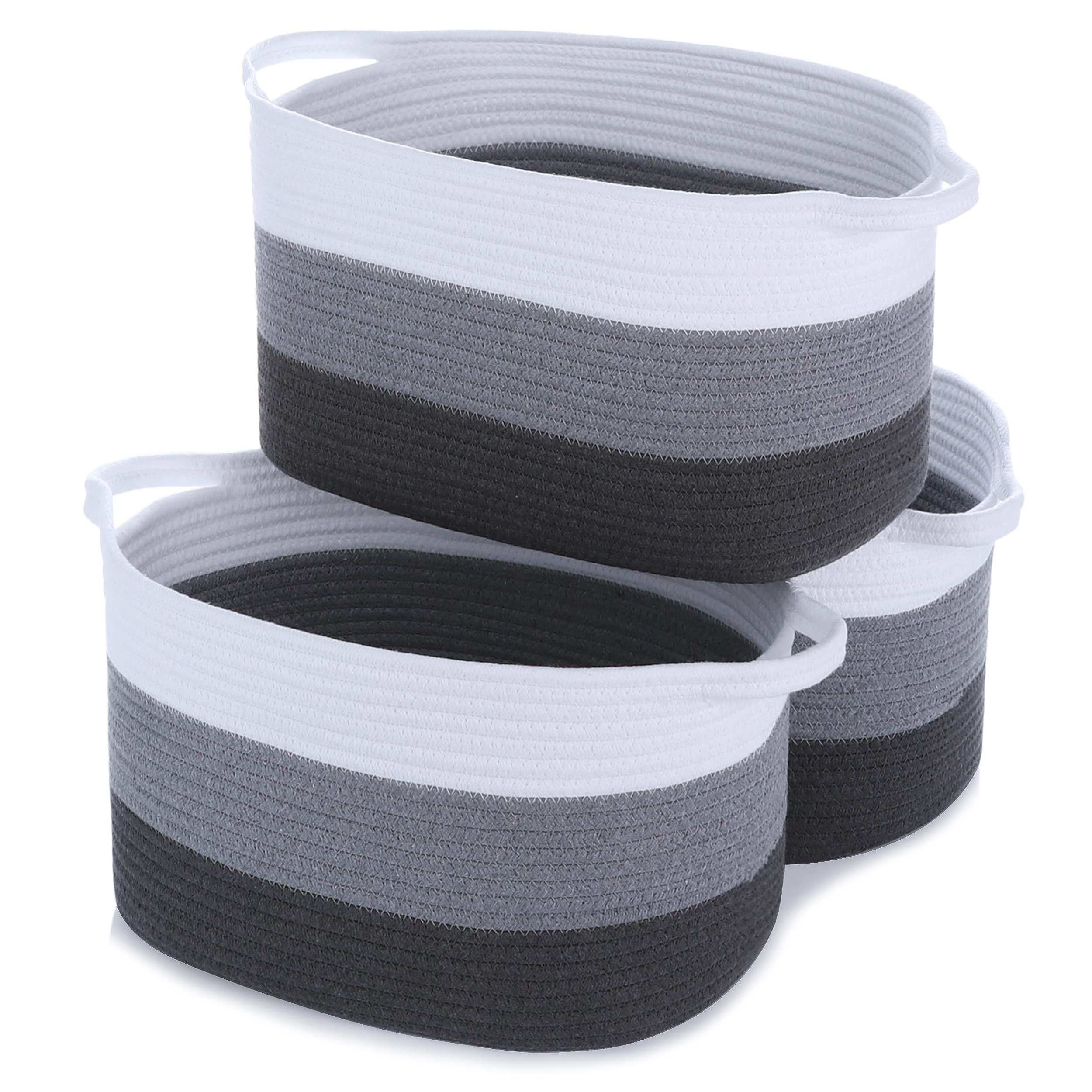 Bienvoun Cotton Rope Storage Baskets - 3 Packs Woven Storage Bins with Handle, Toy Storage Baskets, Blanket Baskets for Toy Storage, Blanket Storage, Book Storage(Dark Grey)