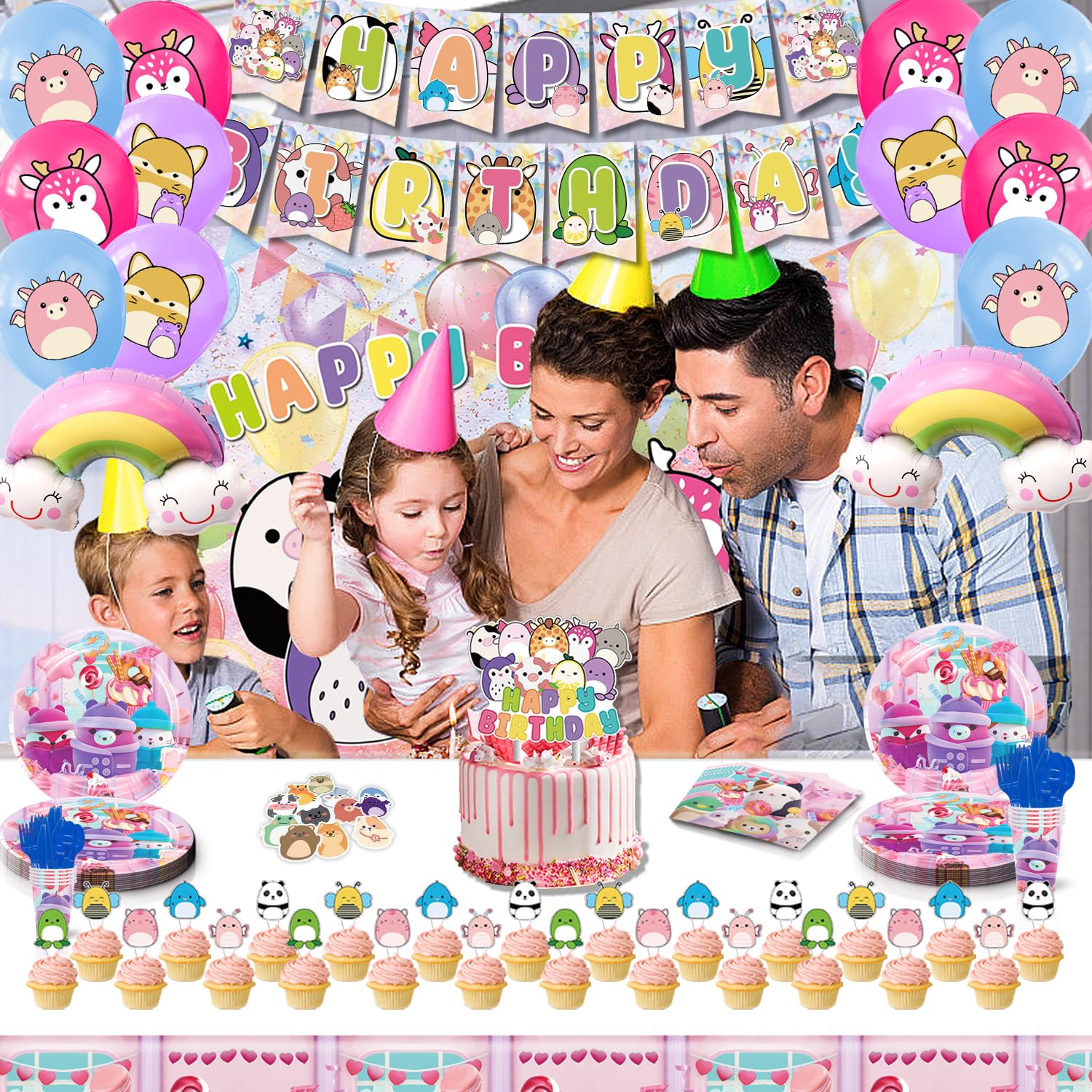 biepi 174 Pcs Birhthday Party Supplies,Theme Birthday Decorations Include Birthday Banner Cake Topper Tablecloth Squishmallow Party Decorations for Girl and Boys