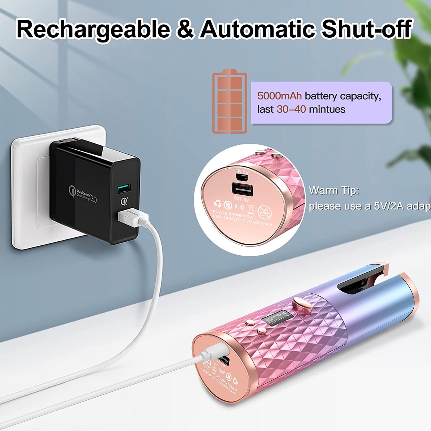 Automatic Curling Iron, Cordless Hair Curler with Adjustable Temperatures & Timers, Portable Auto Rotating Hair Curlers Wave Curling Wand, Rechargeable Ceramic Electric Hair Styling Tool