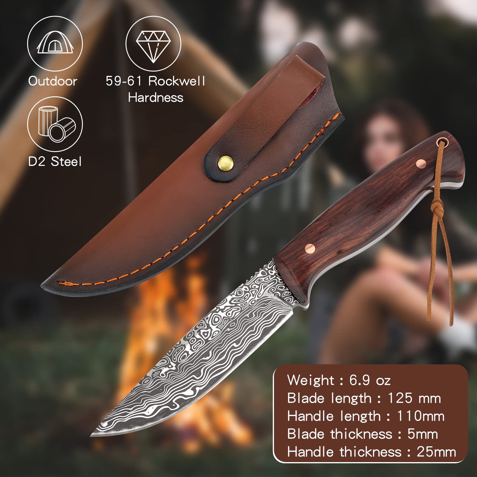 Benkey Fixed Blade Hunting Knife Full Tang with Leather Sheath, Solid & Sharp D2 Blade Outdoor Survival Hunting Knife, Comfortable Natural Wood Handle Camping Knife for Men and Women
