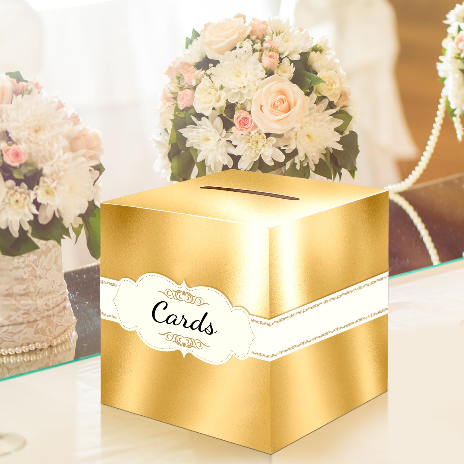 JC HUMMINGBIRD Cards Ribbon Sign Gold Shiny Metallic 10β In. x 10β In. Foldable Box with Slit, Weddings, Birthday, Donations, Gift Cards, Celebratory Cards, Devotionals