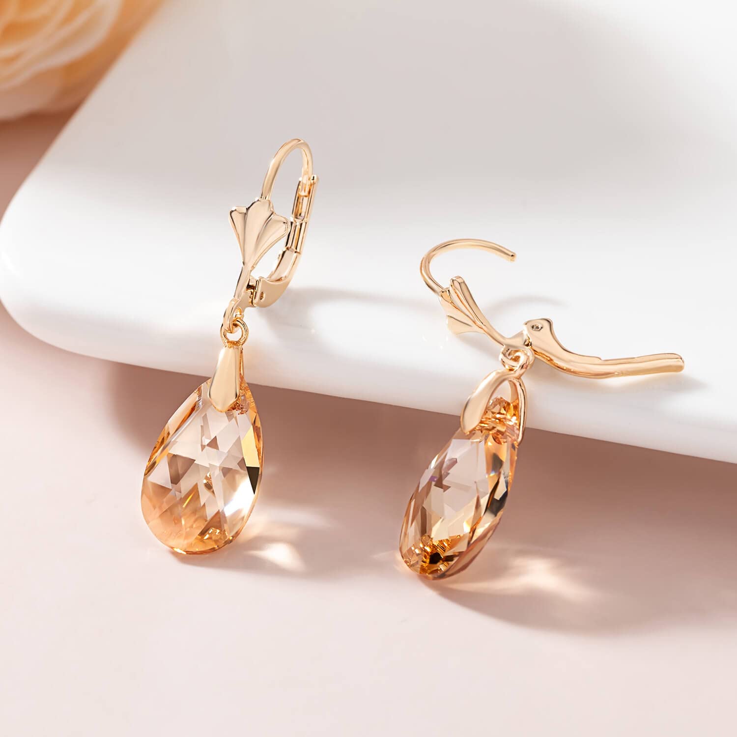 Austrian Crystal Teardrop Leverback Dangle Earrings for Women Fashion 14K Gold Plated Hypoallergenic Jewelry (Topaz)
