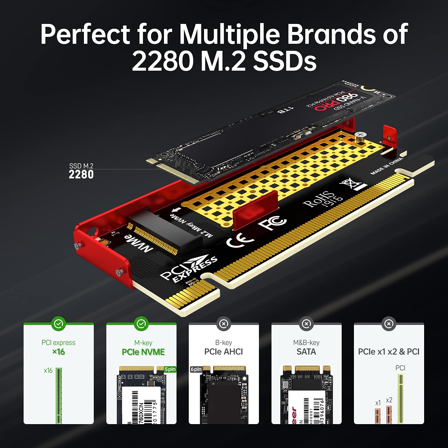 AMPCOM M.2 M Key Nvme SSD to PCI-e 4.0 Adapter, PCI Express 4.0 X16 Card with Aluminum Case, Supports Windows 7/8/ 10, Supports 2280