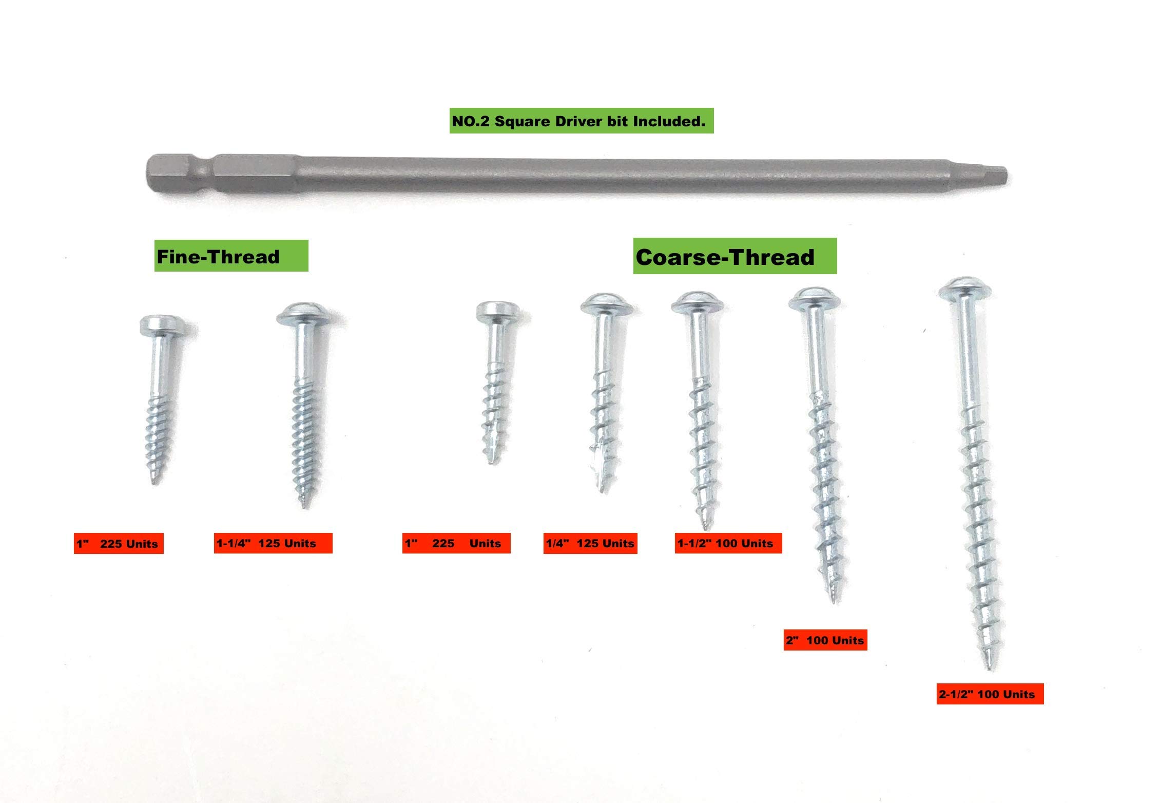 Massca Pocket-Hole Screw Kit – 1,000 Self-Tapping Zinc Plated Screw Set with No. 2 Square Driver Bit – 1”, 1-1/4” Fine-Thread & 1”, 1-1/4”, 1-1/2”, 2”, 2-1/2” Coarse-Thread Washer Head Wood Screws.